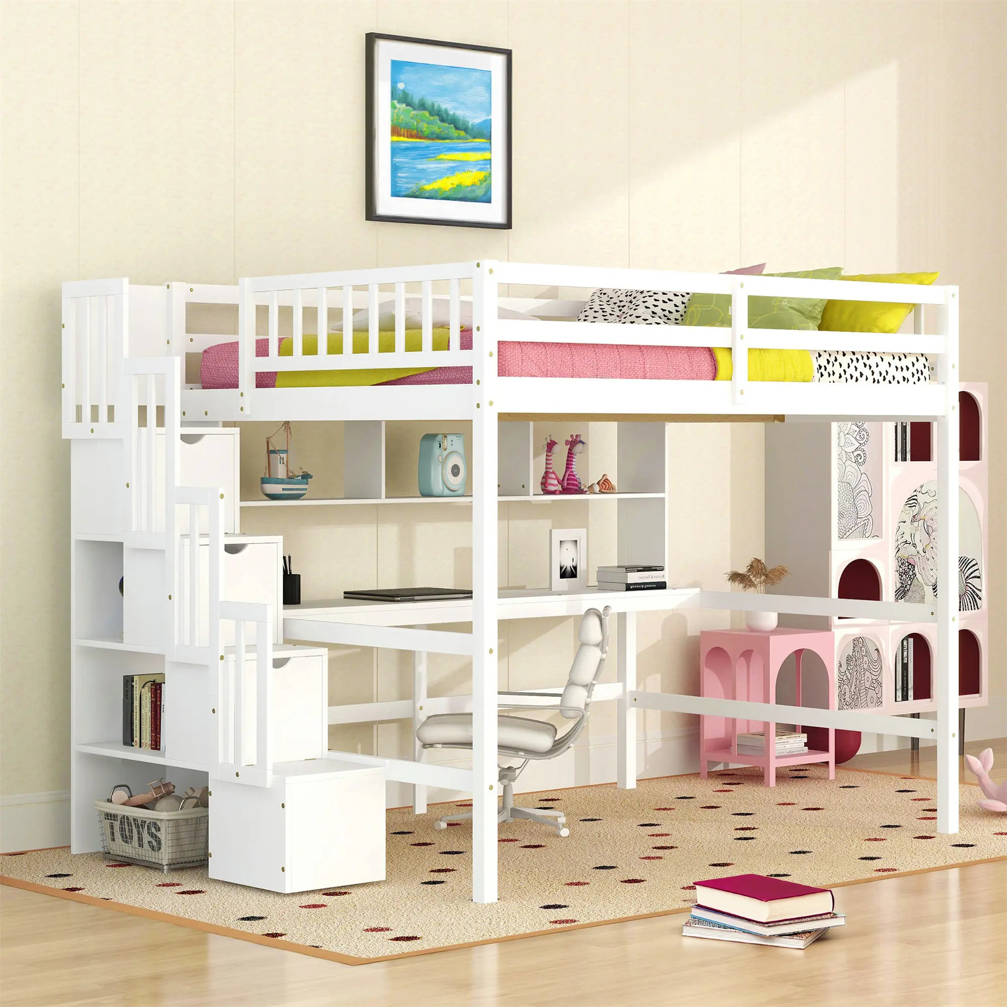 Harriet Bee Jeannicole Kids Full Solid Wood Loft Bed with Bookcase and ...