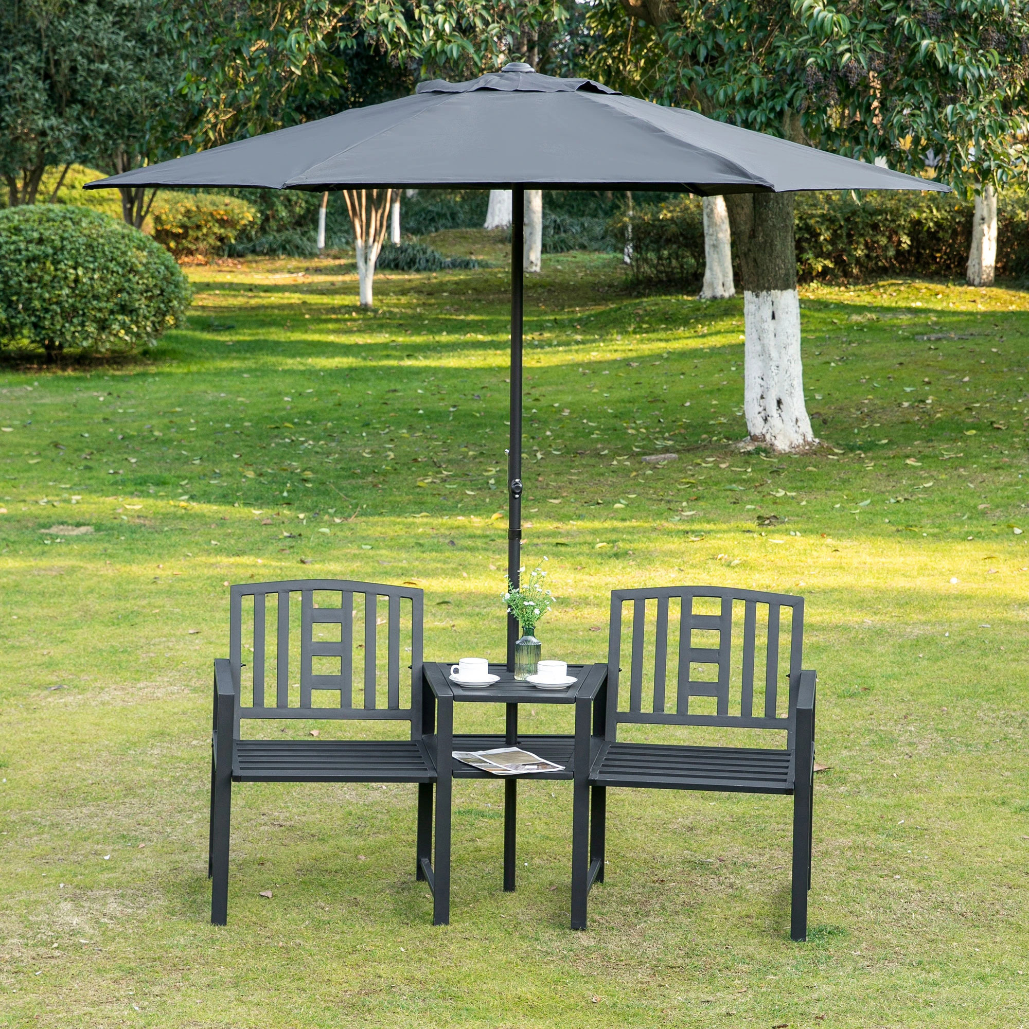 Latitude Run® Metal Garden Bench with Middle Table and Umbrella Hole ...