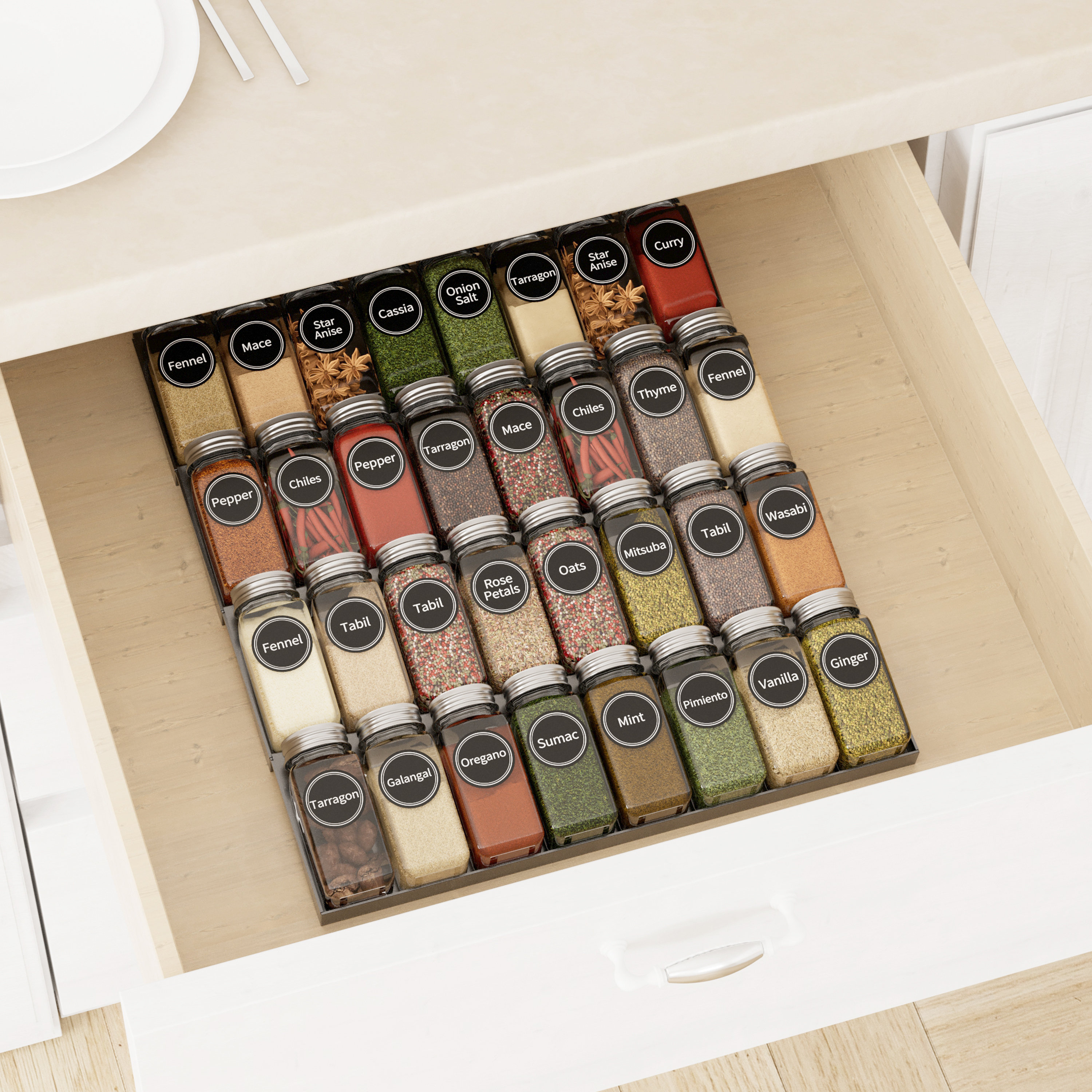 SpaceAid Spice Drawer Organizer with 32 Spice Jars, 386 Spice Labels, 4 ...