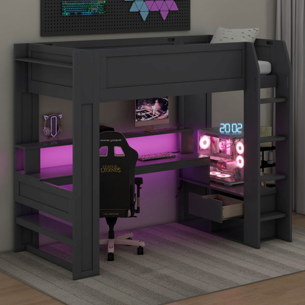 Cosmic Wood Gaming Loft Bed with Desk, Multi-Storage Shelves, LED And ...