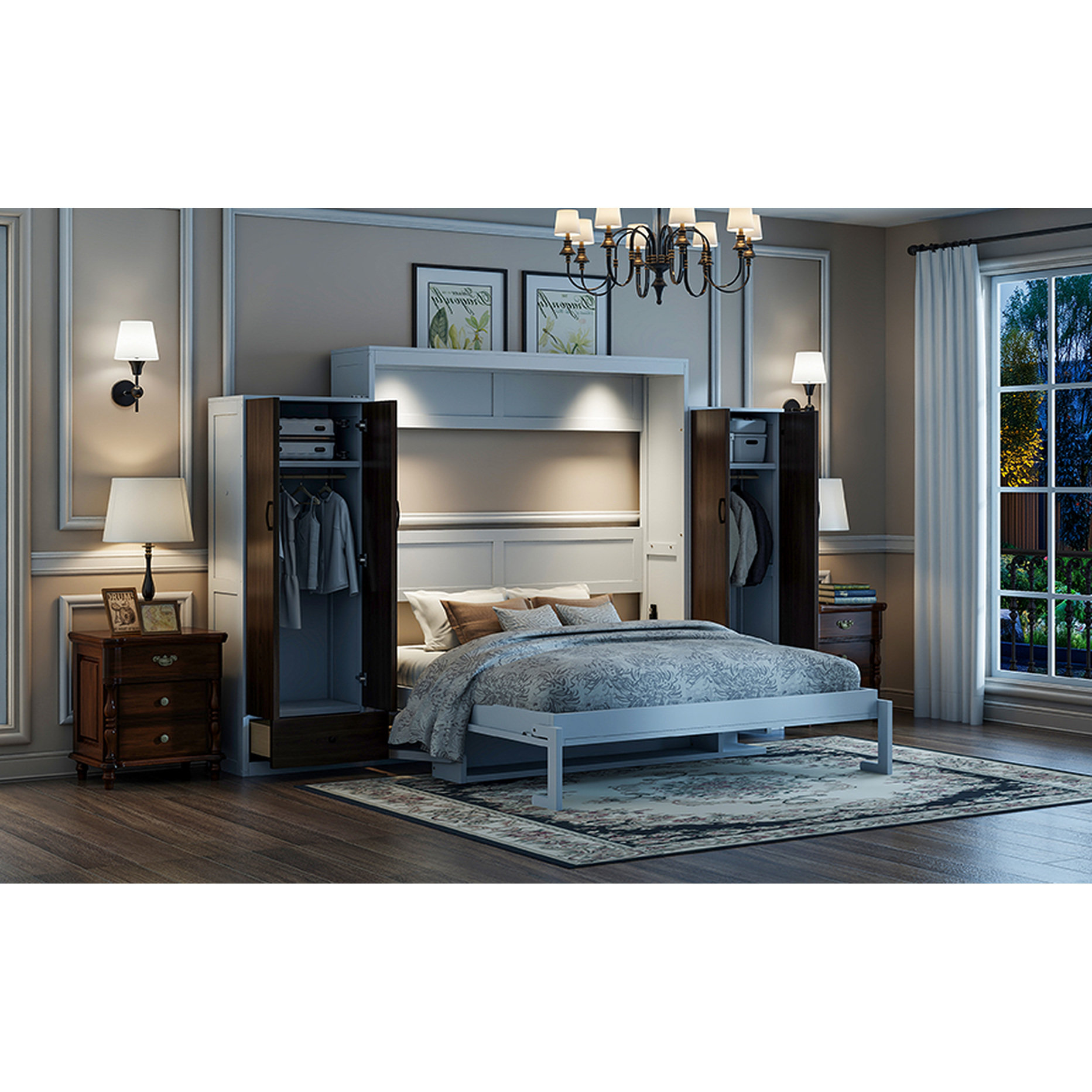 Brayden Studio Queen Size White Wall Bed With Drawers, Closet, And A ...