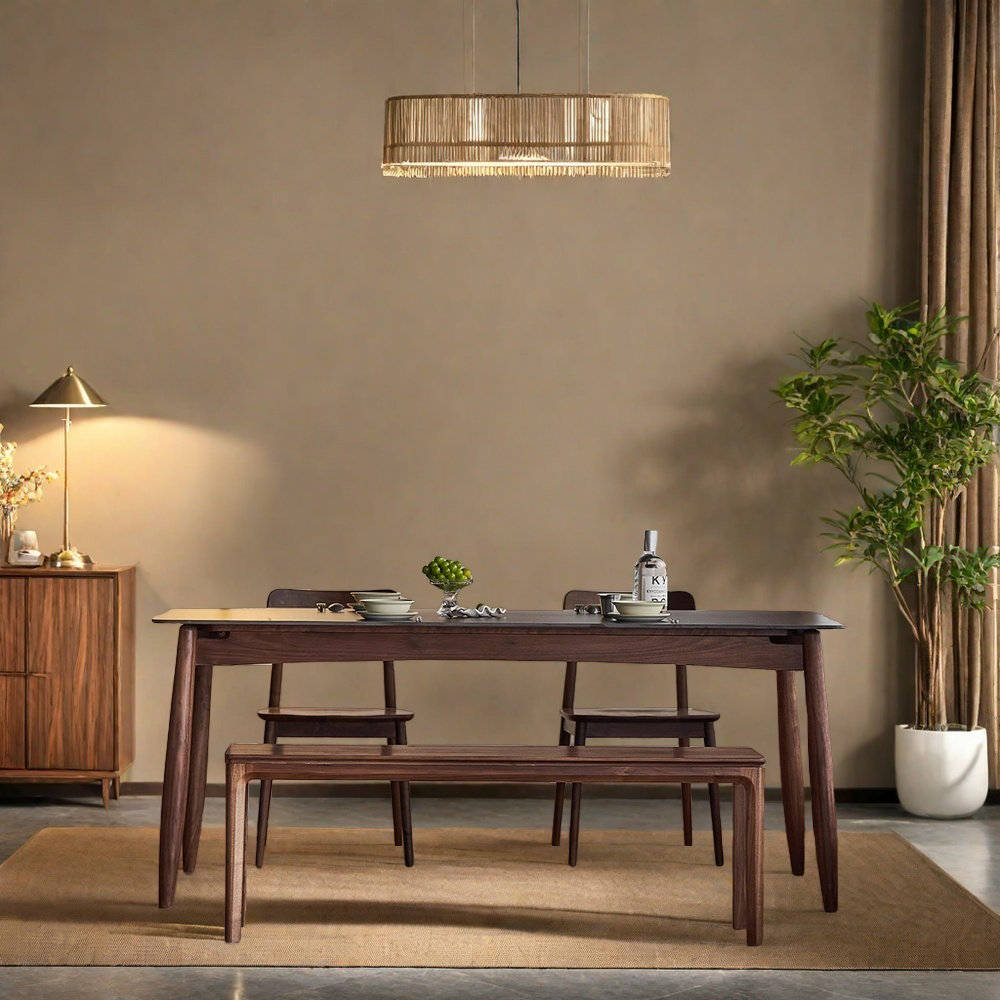 George Oliver Black walnut solid wood rock slab dining table set | Wayfair