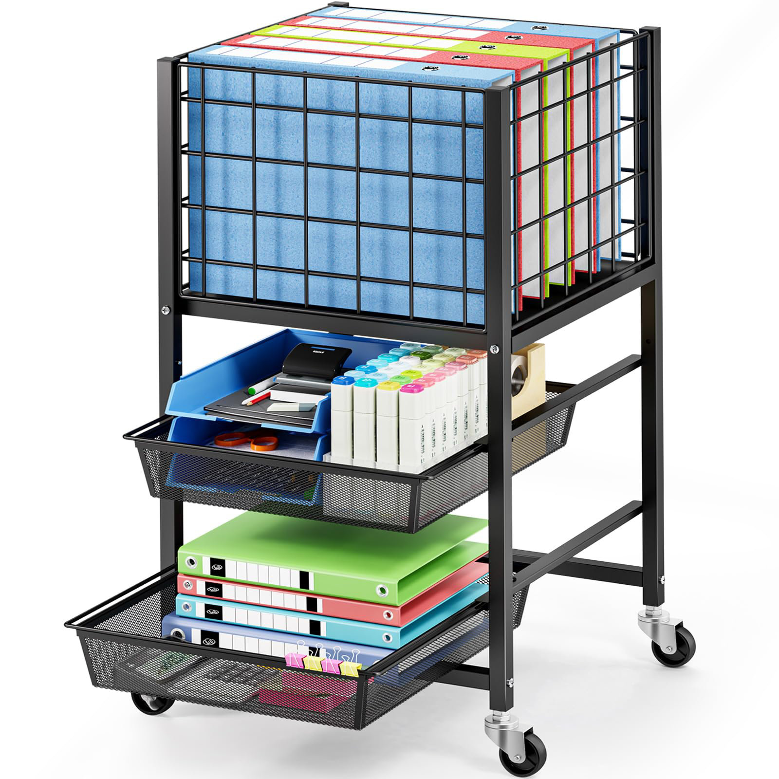 Hokku Designs Chayane 3-Tier Rolling Metal File Cart With 2 Drawers And ...