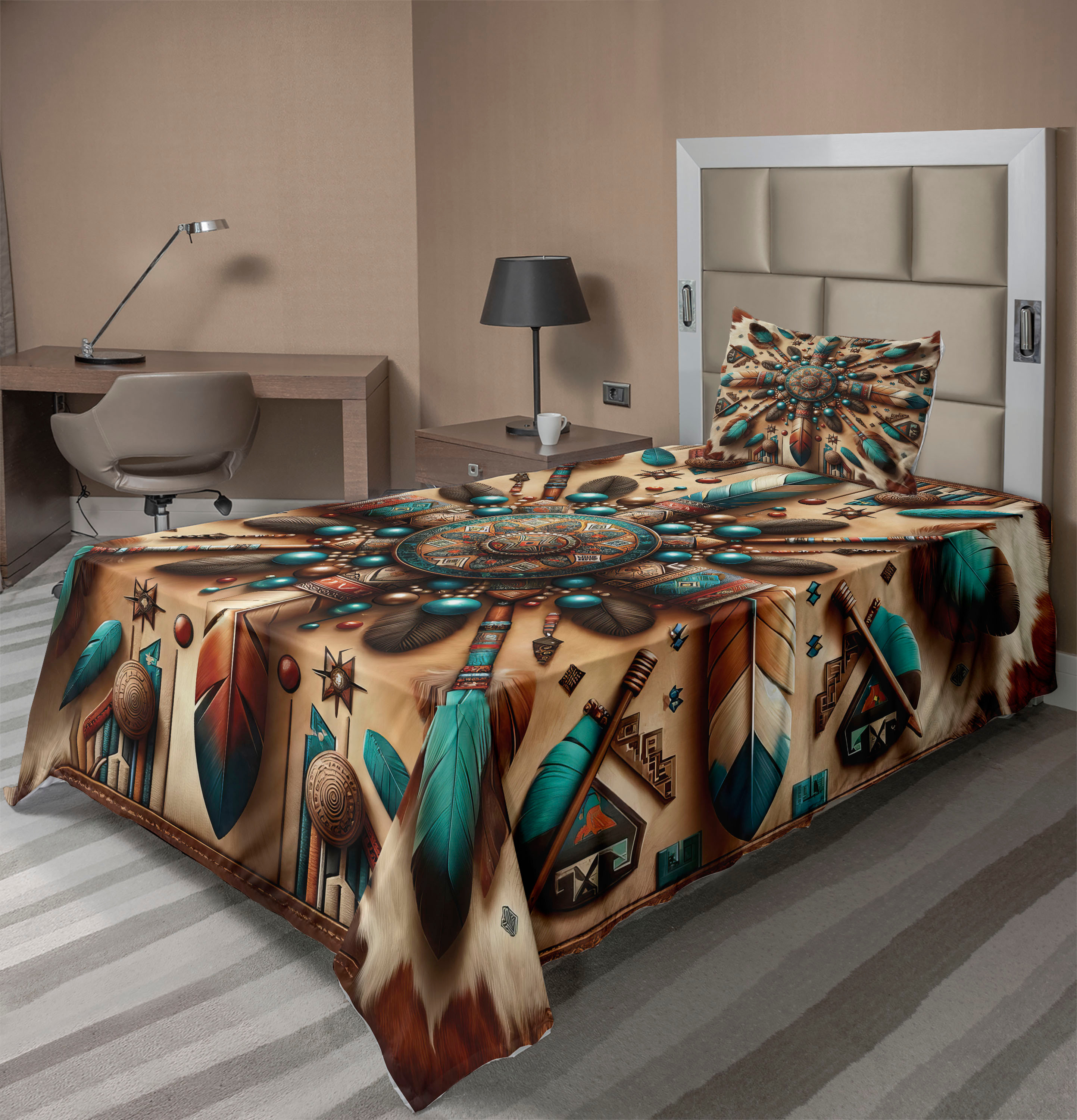 Ambesonne Rustic Sheet Set Ethnic Southwestern Feathers Redwood and ...