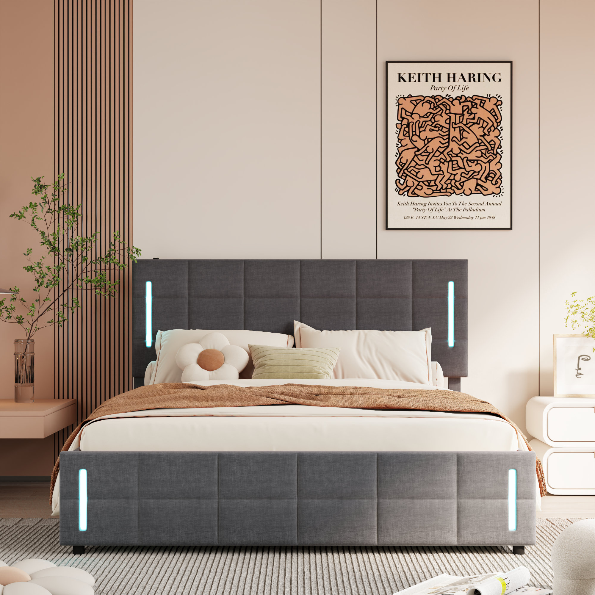 Ivy Bronx Keyahna Linen Lift-Up Storage Platform Bed with LED Strip on ...