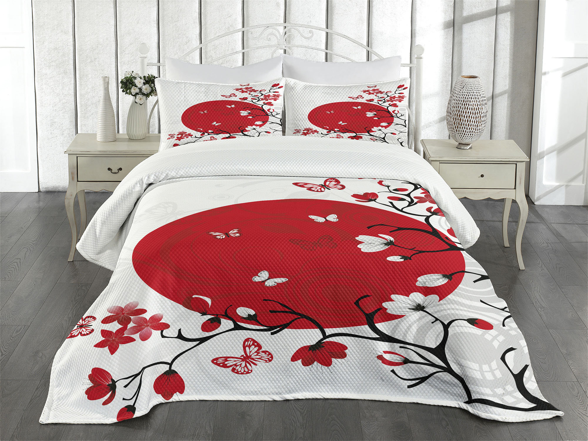 Ambesonne Japanese Bedspread Set Cherry Sakura Trees Vermilion Black ...