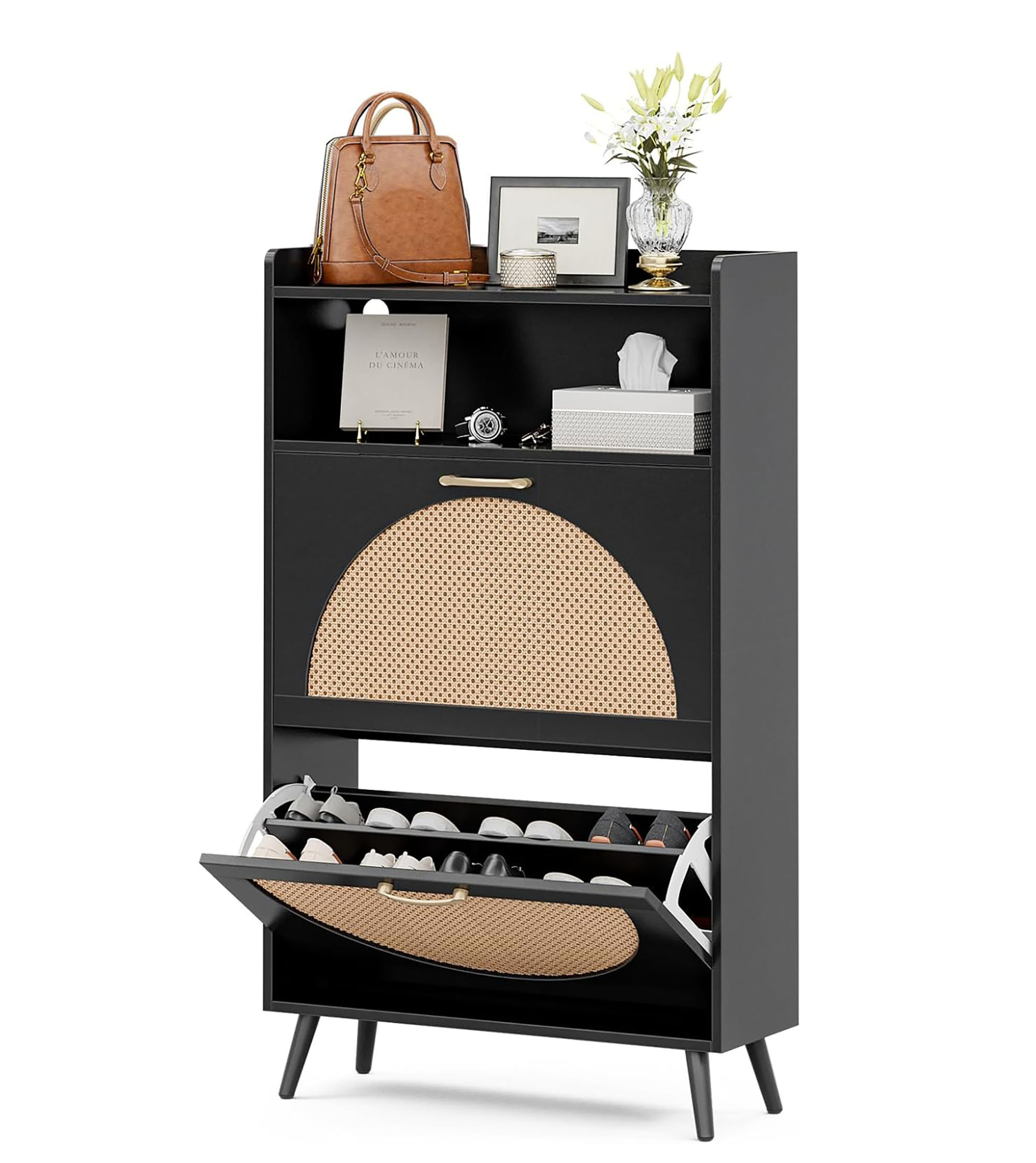 Wortola Rattan Shoe Cabinet With LED Light, Wood Shoe Rack Cabinet With ...