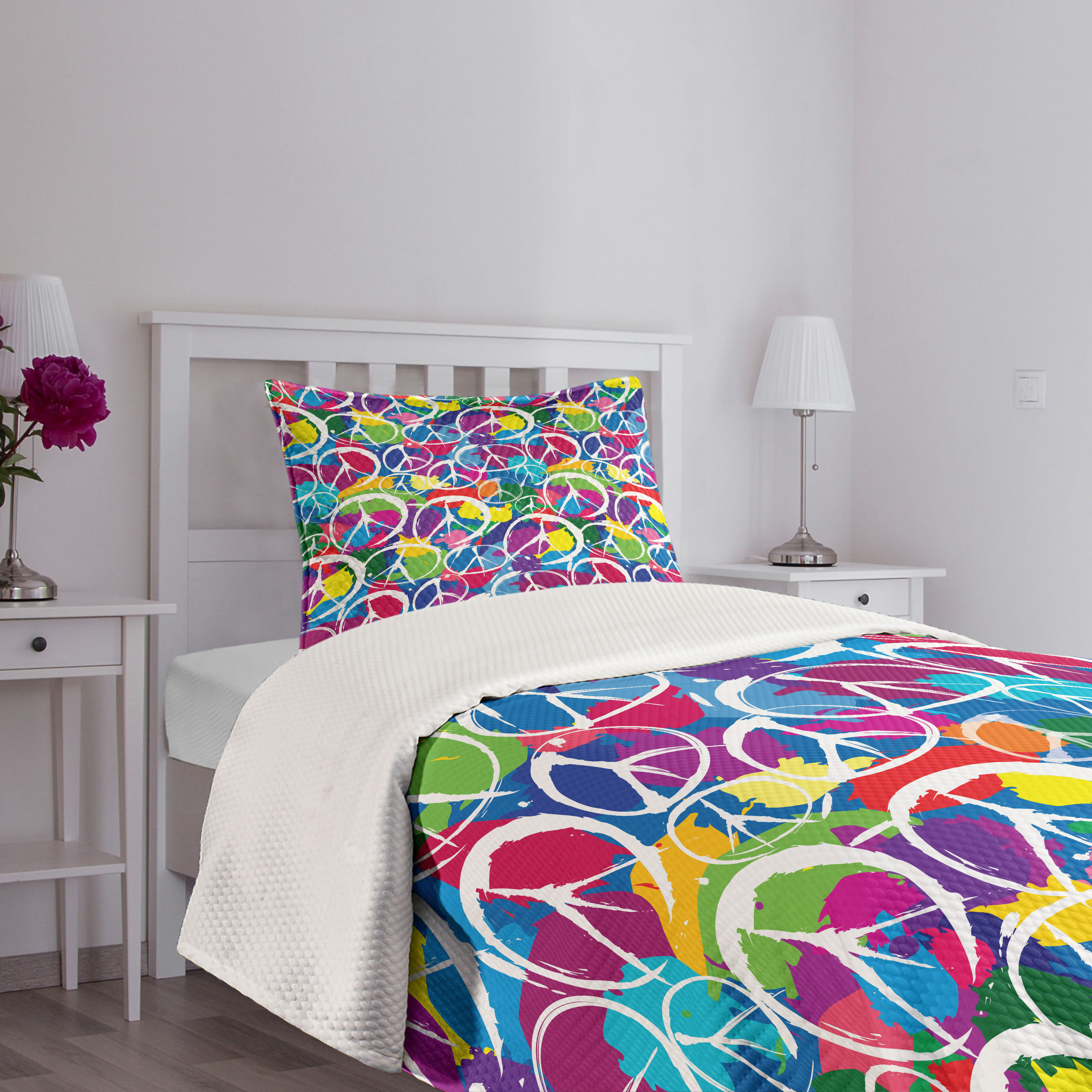 Ambesonne Hippie Bedspread Set Peace Activism Theme Multicolor | Wayfair