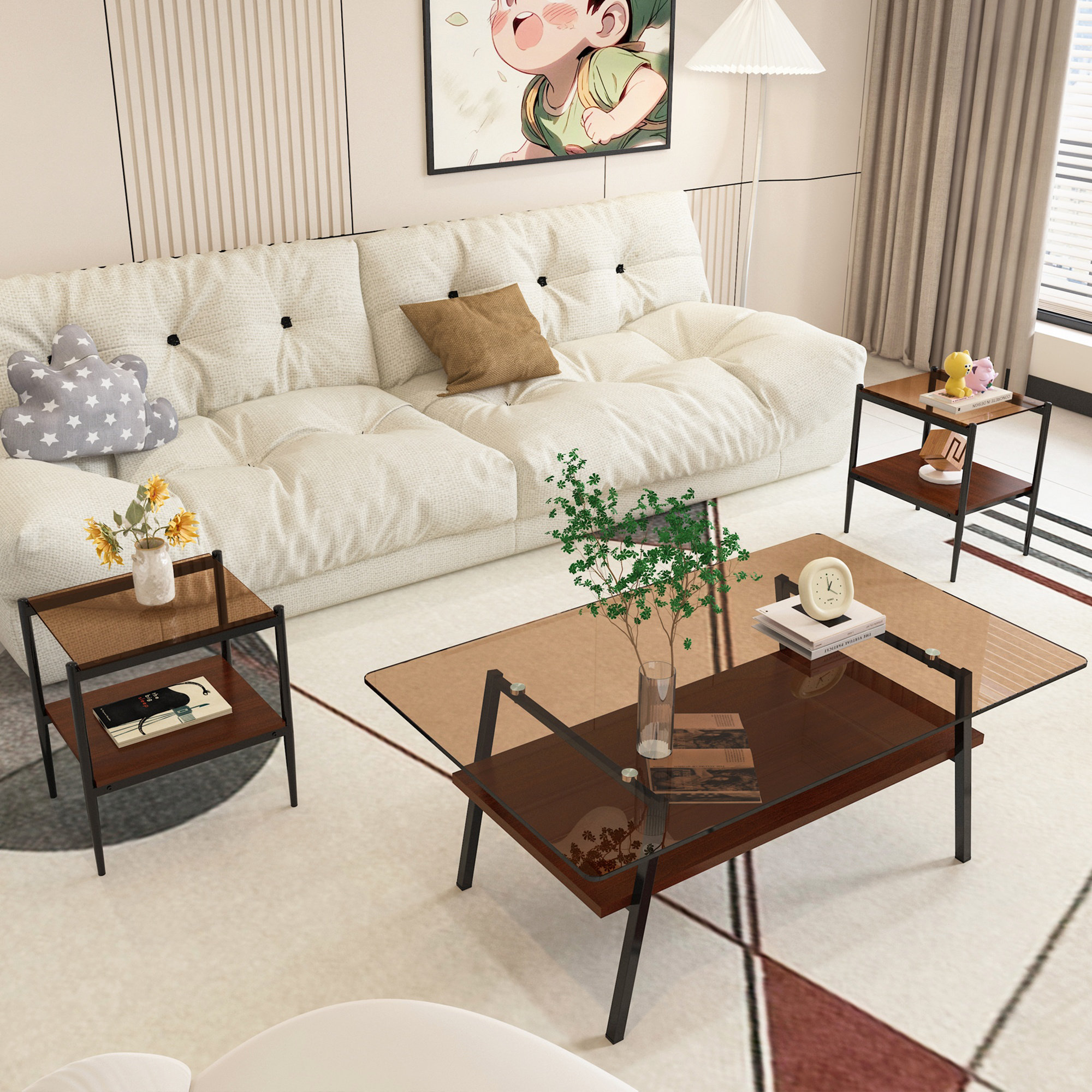 Ebern Designs Coffee Table And End Tables Set Of 3, Tempered Glass ...