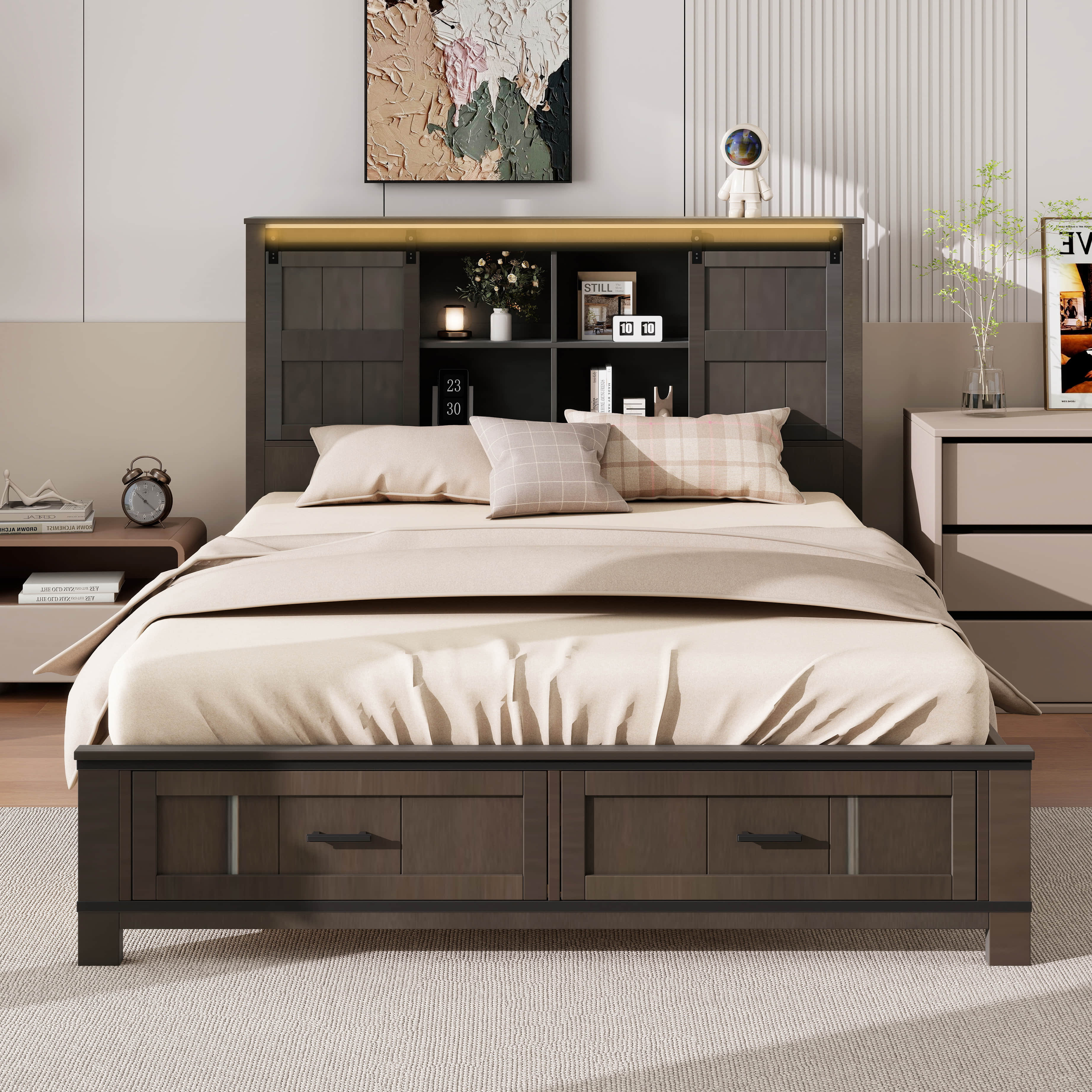 August Grove Queen Size Platform Bed With Barn Door Design Headboard ...
