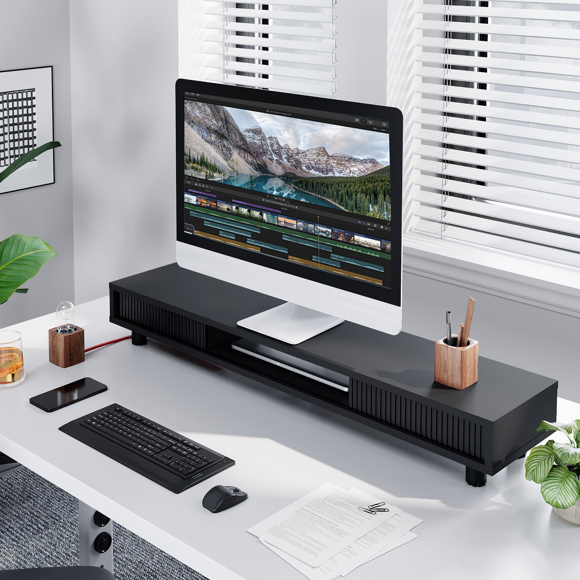 Hokku Designs Long Monitor Stands Riser for 2 Monitors with Sliding ...
