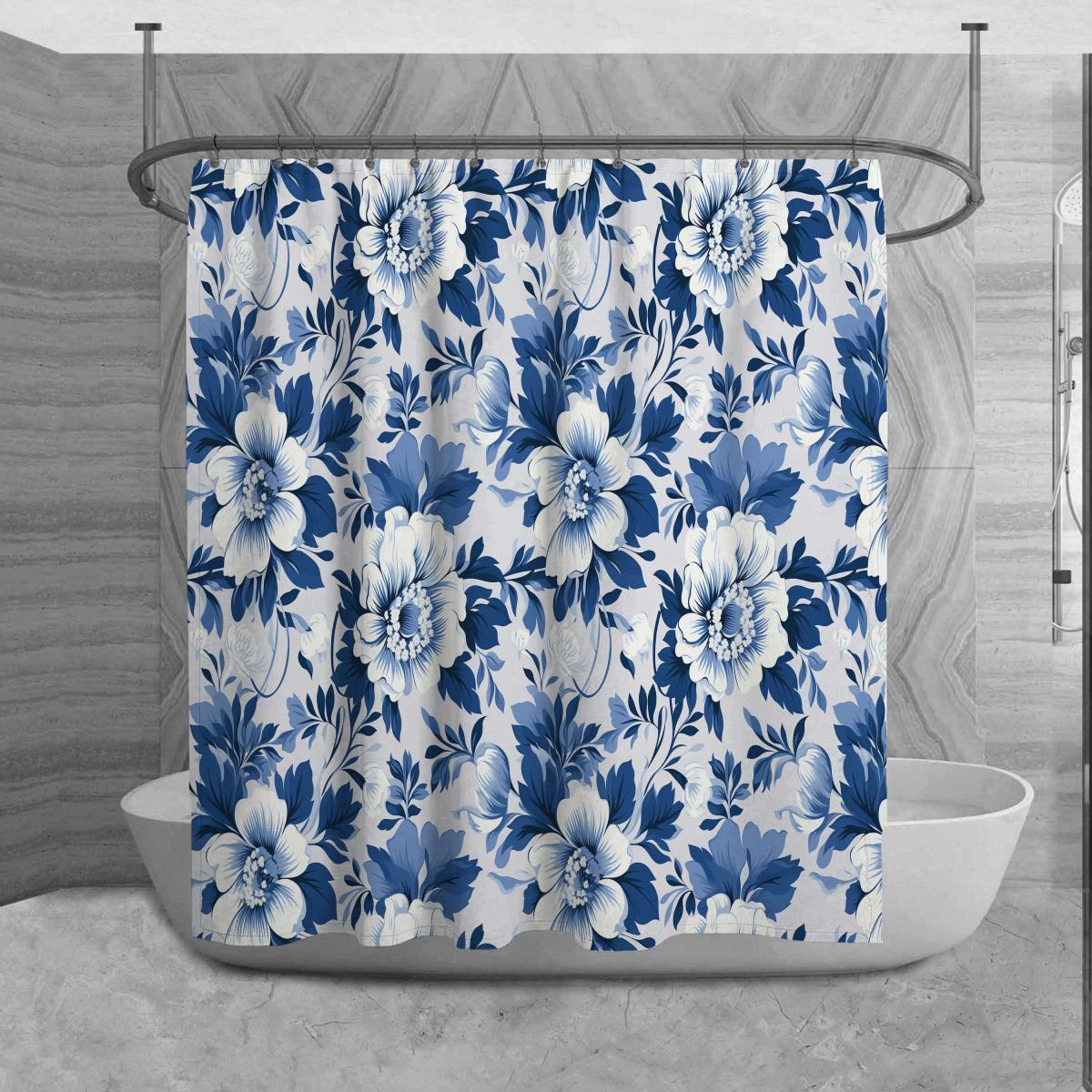 East Urban Home Floral Shower Curtain Pattern Bathroom Decor Blue ...