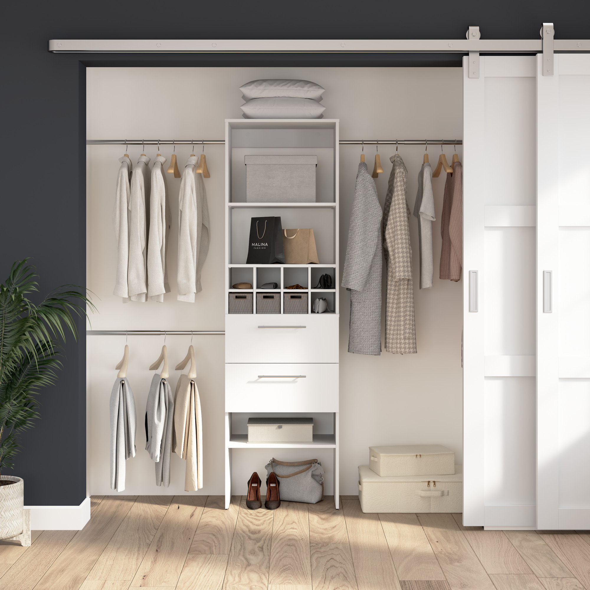 Bestar Carina 24W Closet Organizer With Clothing Rods, Drawers, And ...