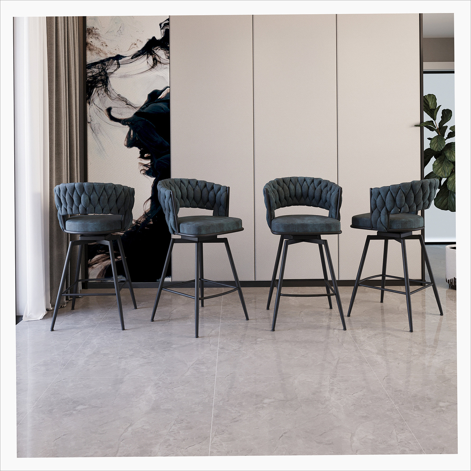 Corrigan Studio® Bar Chair Suede Woven Bar Stool Set of 4,Black legs ...