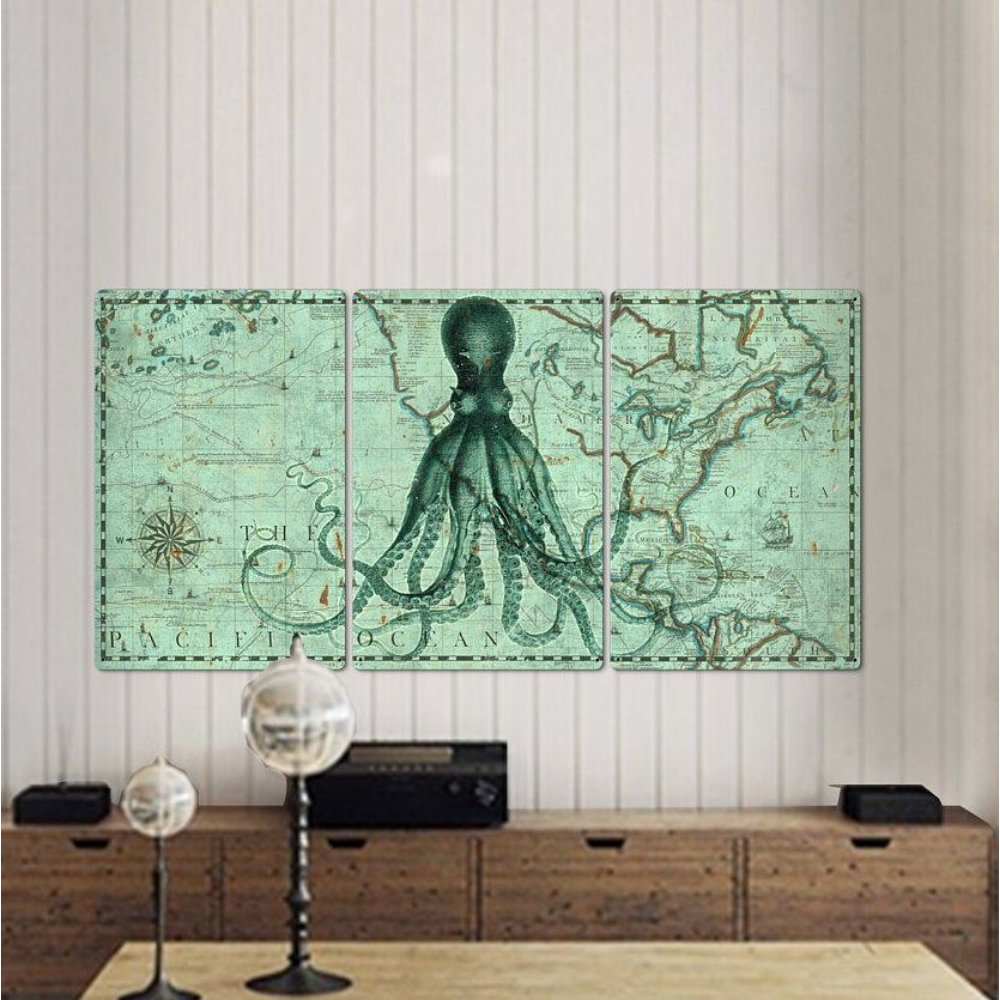 Metal Sign Barn Octopus Nautical, Beach, Ocean Life, Antique Ship Map ...