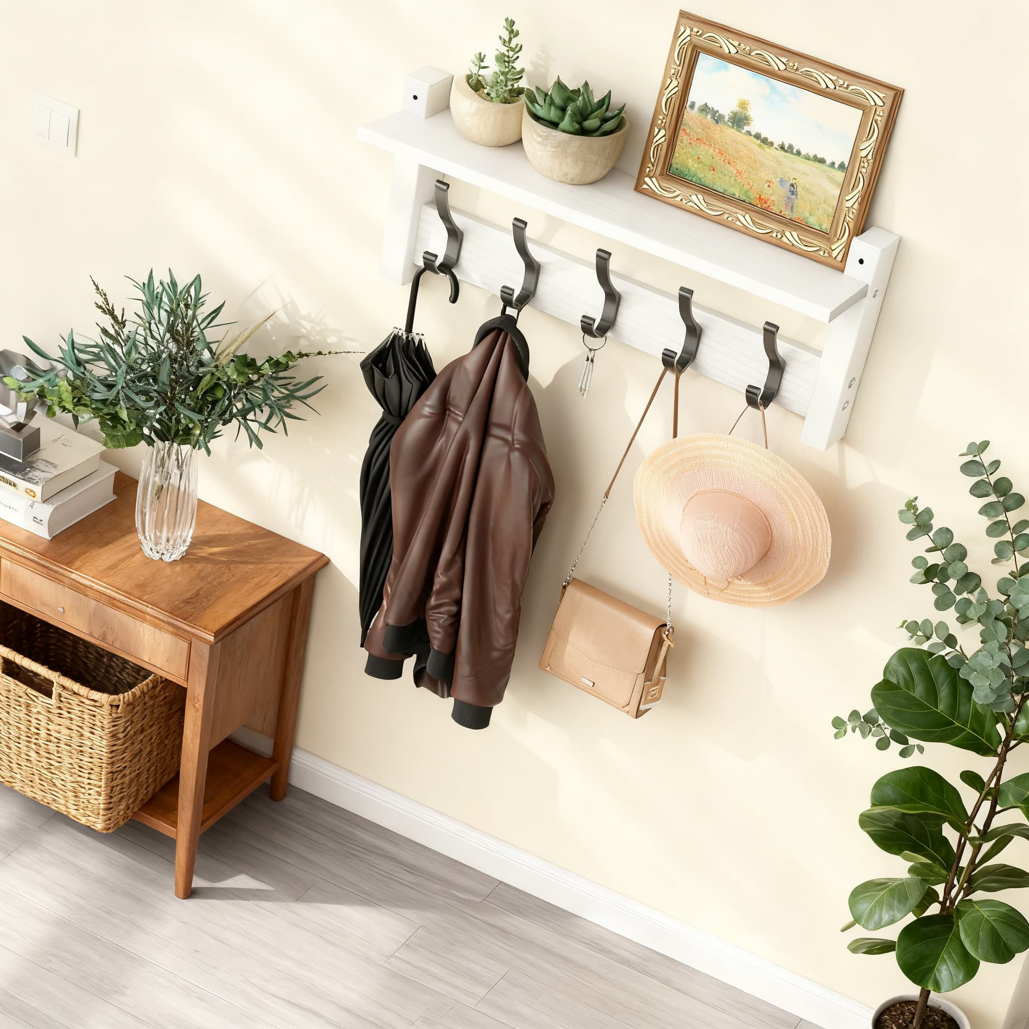 17 Stories Wall Mounted Coat Rack With Shelf, 5-Hook Entryway Organizer ...