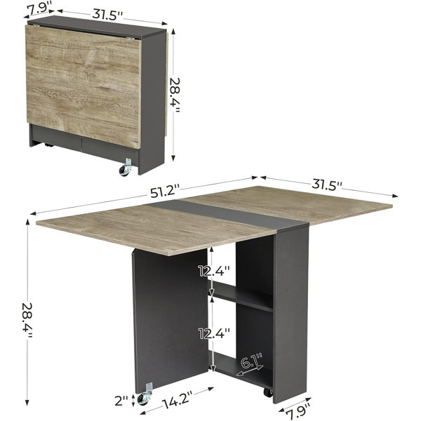 Ebern Designs Folding Dining Table with 2 Storage Racks, Drop Leaf ...