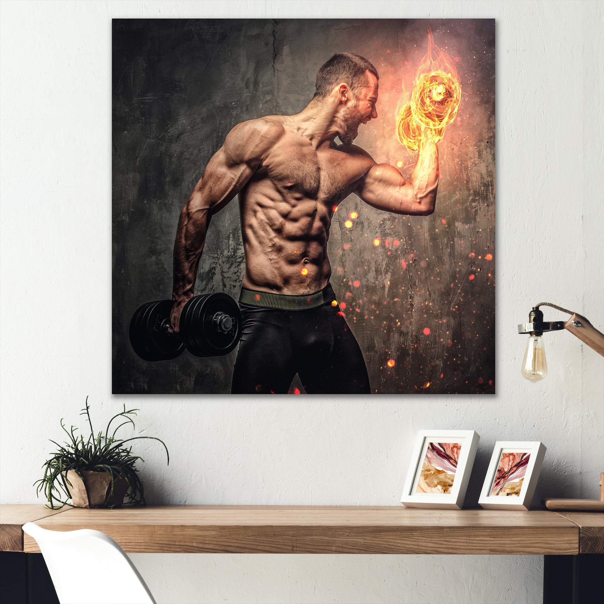 Ebern Designs Bodybuilders Dumbbell On Fire Photo Framed On Canvas ...