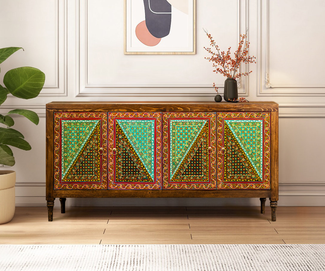 Pasargad Bohemian Solid Wood Sideboard, Brown/Teal/Black/Red | Wayfair