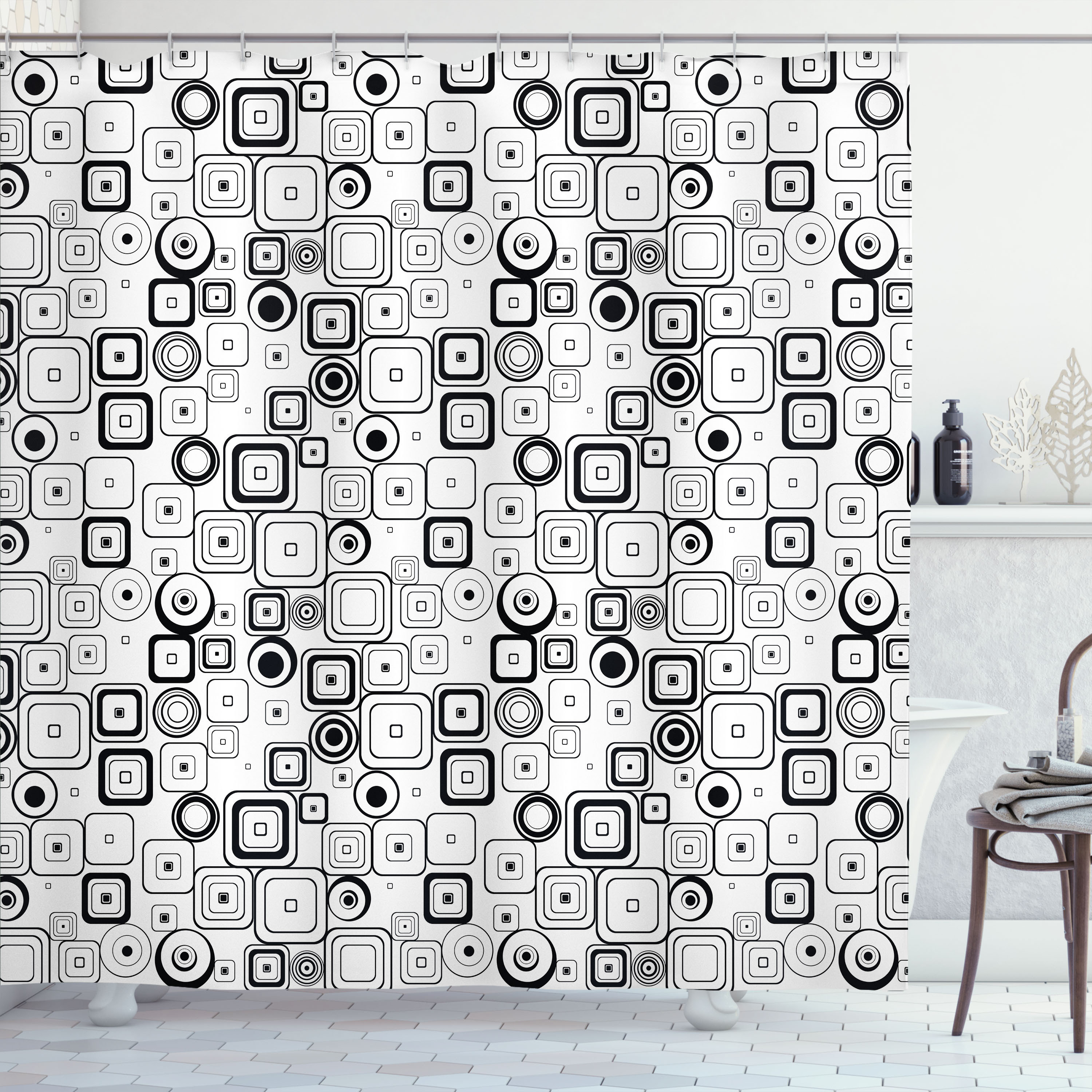 East Urban Home Black and White Shower Curtain Squares Circles Black ...