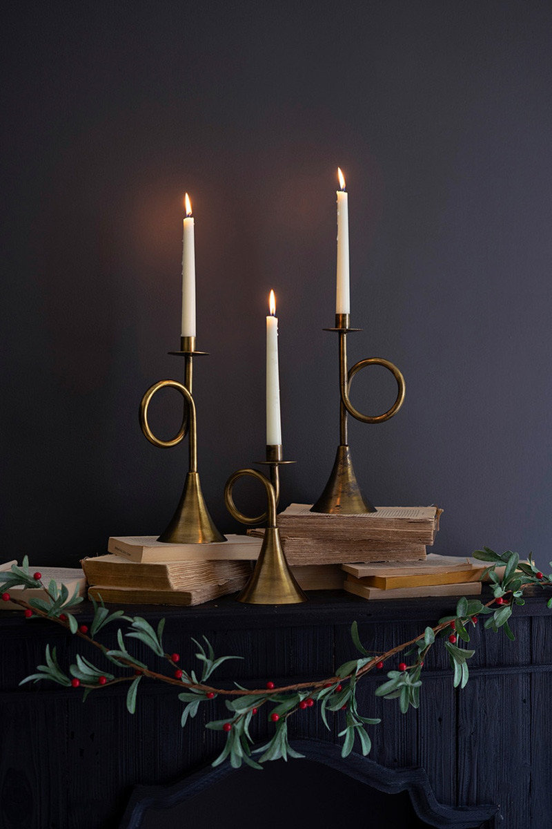 Lark Manor™ Set of Three Antique Brass Trumpet Taper Candle Holders ...