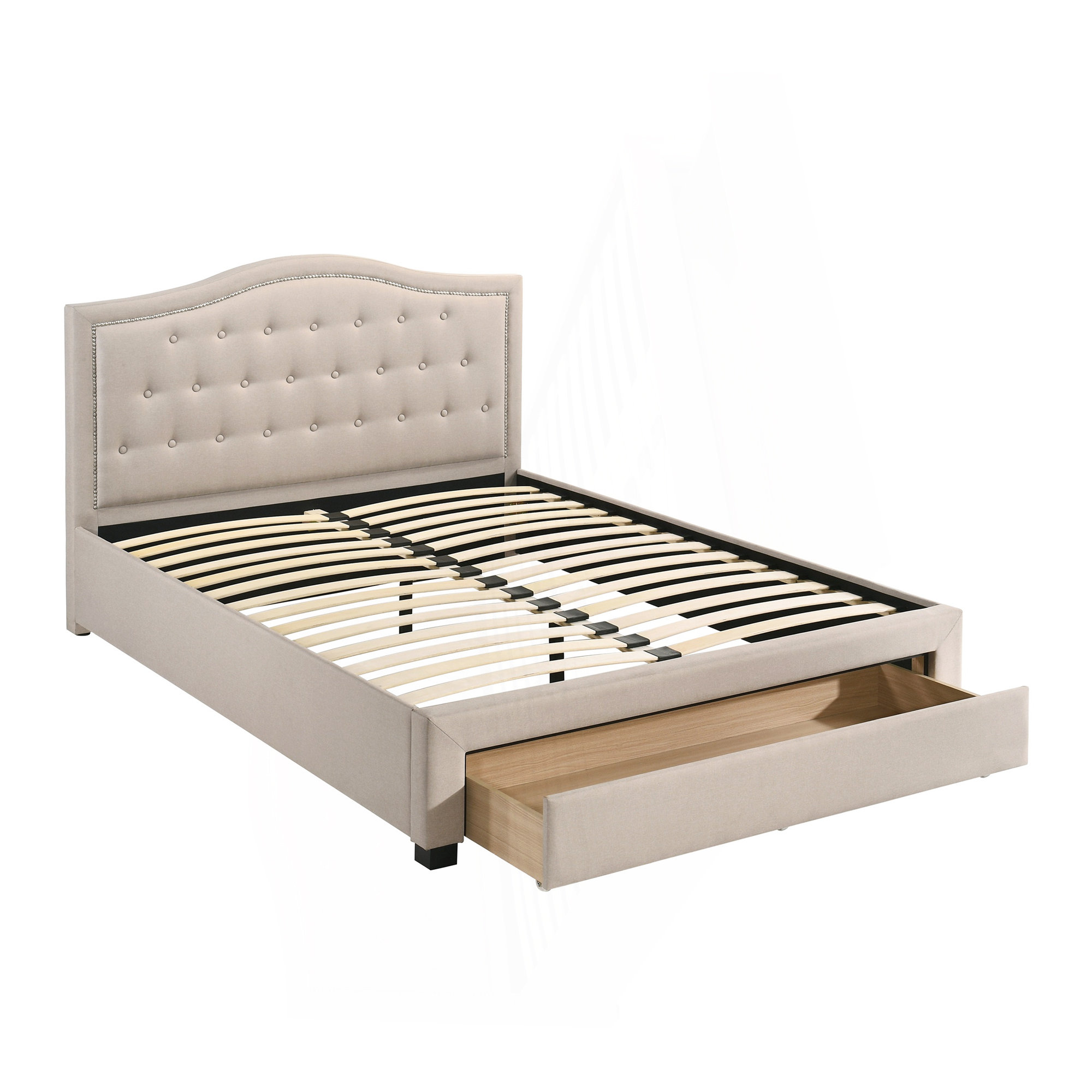 Alxfarton Light Brown Burlap Fabric 1Pcs Bed W Drawer Button Tufted ...