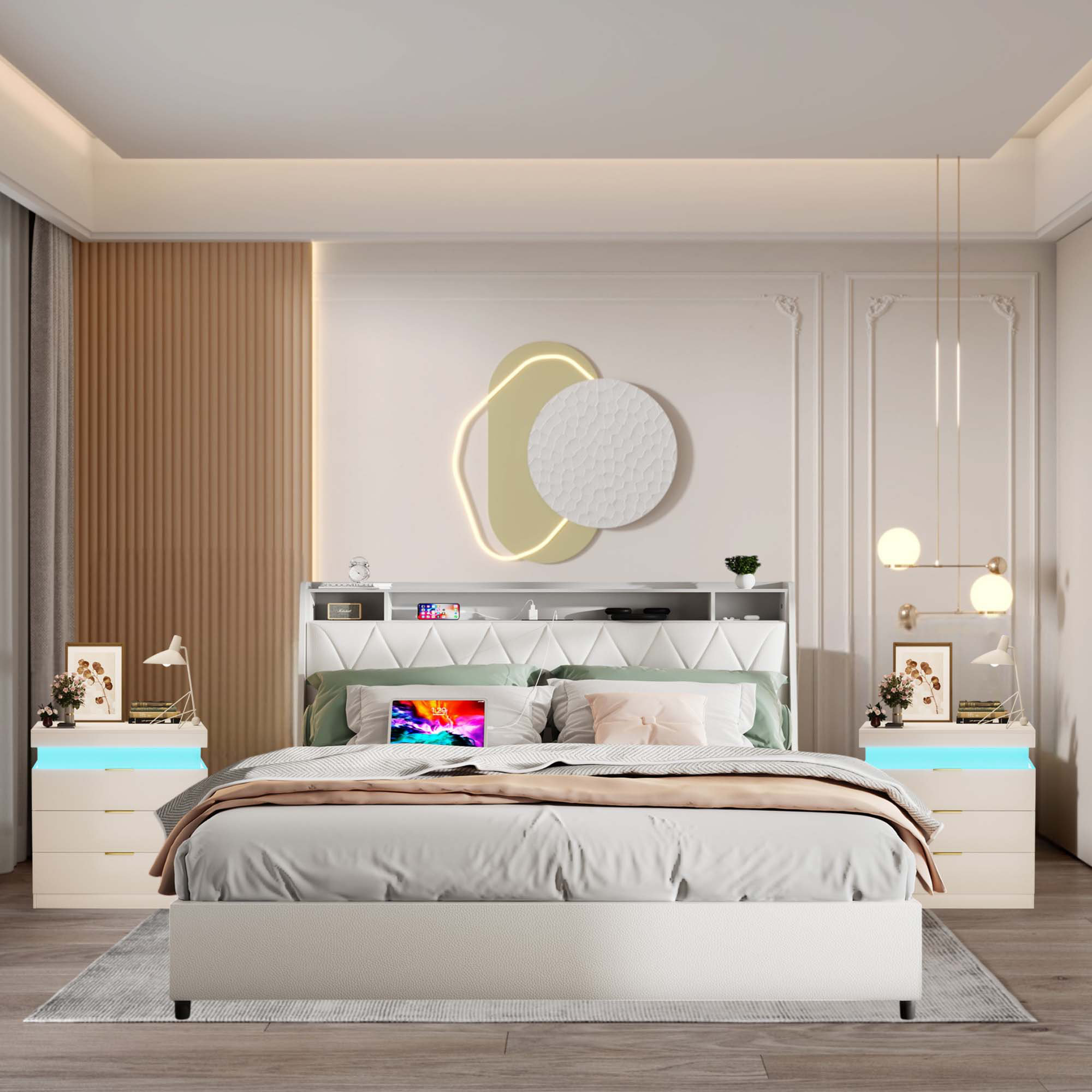 Wrought Studio™ 3-Pieces Bedroom Sets,Metal Bed Frame With Outlets ...