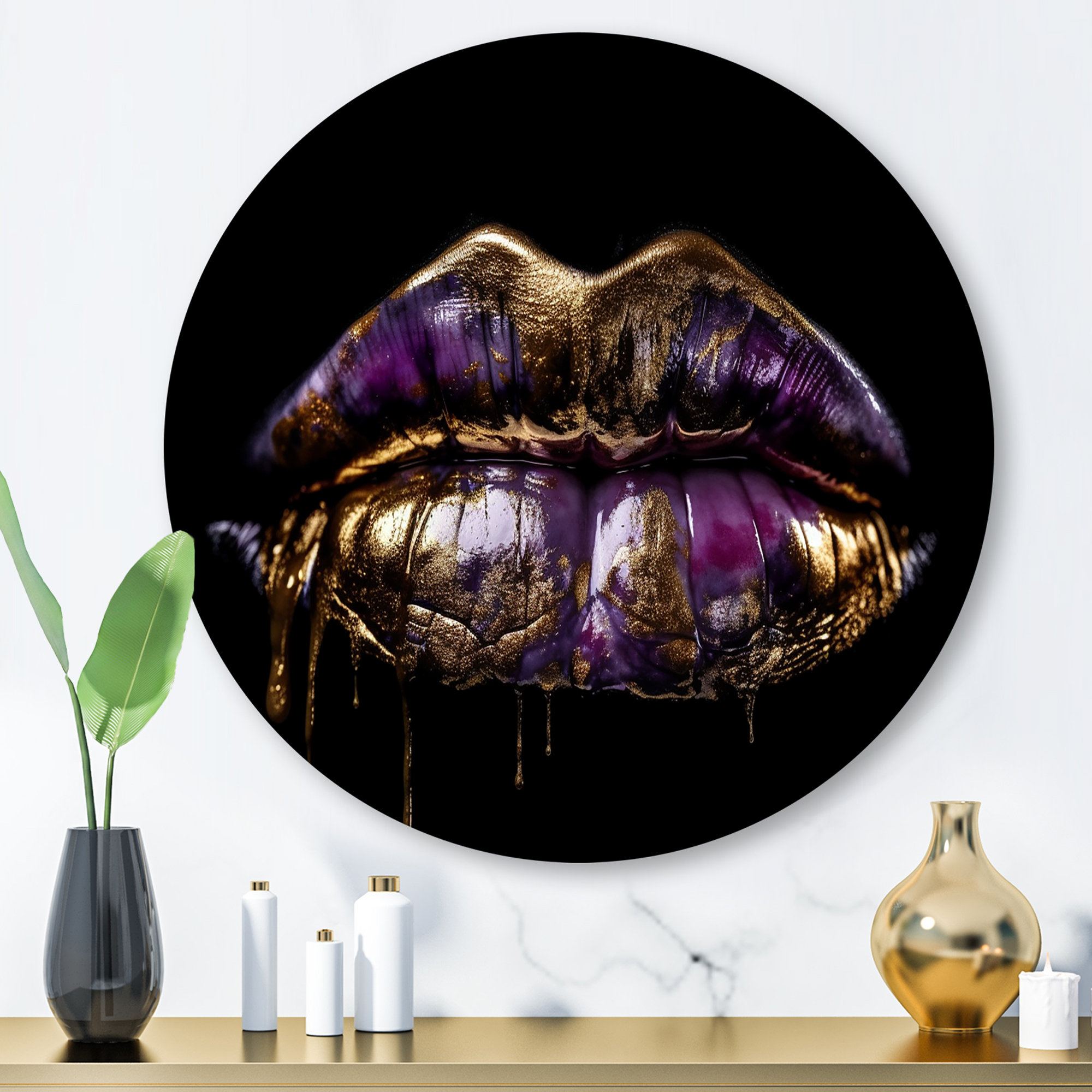 Mercer41 Jirah Gold Lips Of Luxury IV - Fashion Round Metal Wall Art ...