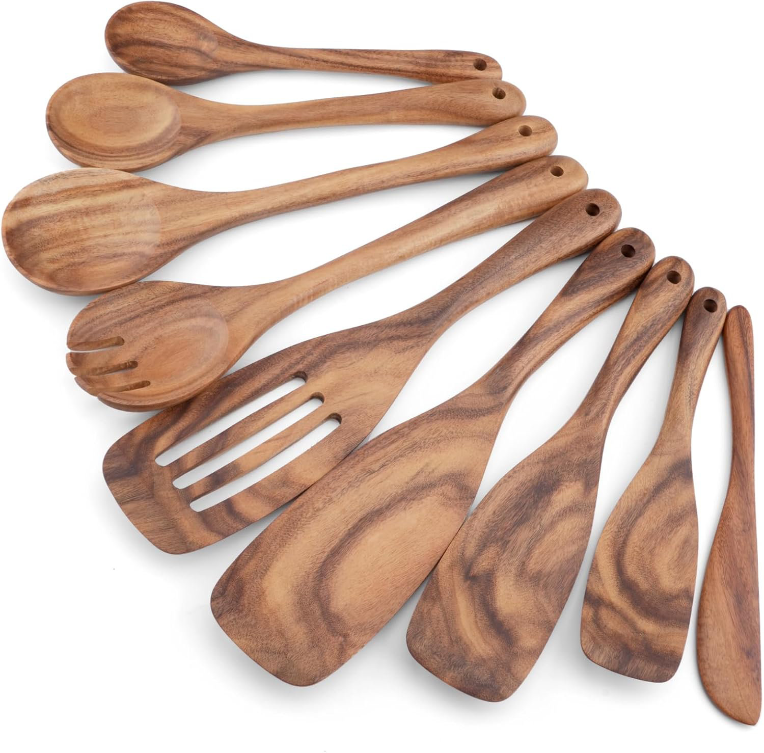 QIANXING Handmade Teak Wood Cooking Utensils Set, 9-Piece Kitchen Tools ...