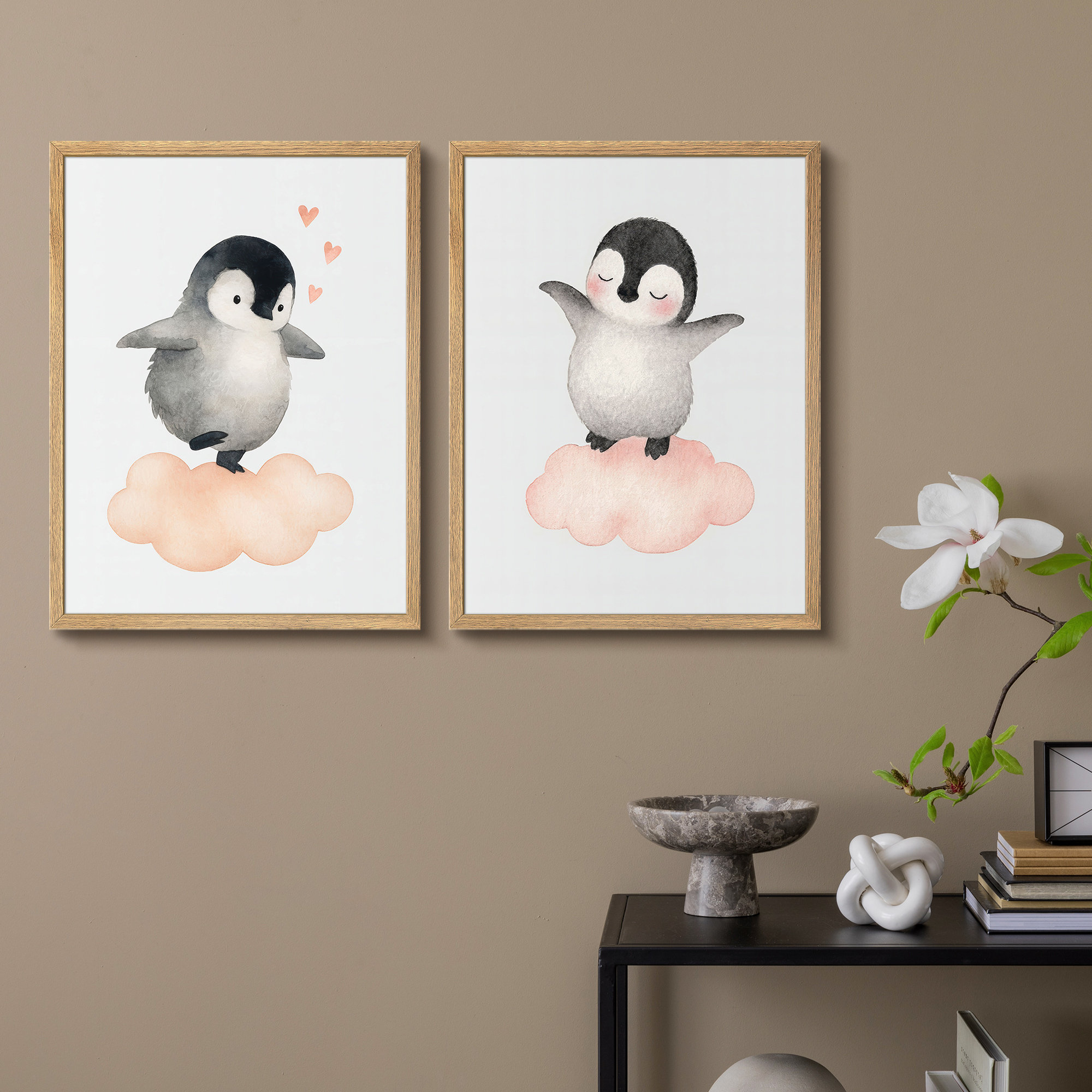 SIGNLEADER Baby Penguin Framed Wall Art Set of 2 - Sweet Watercolor ...