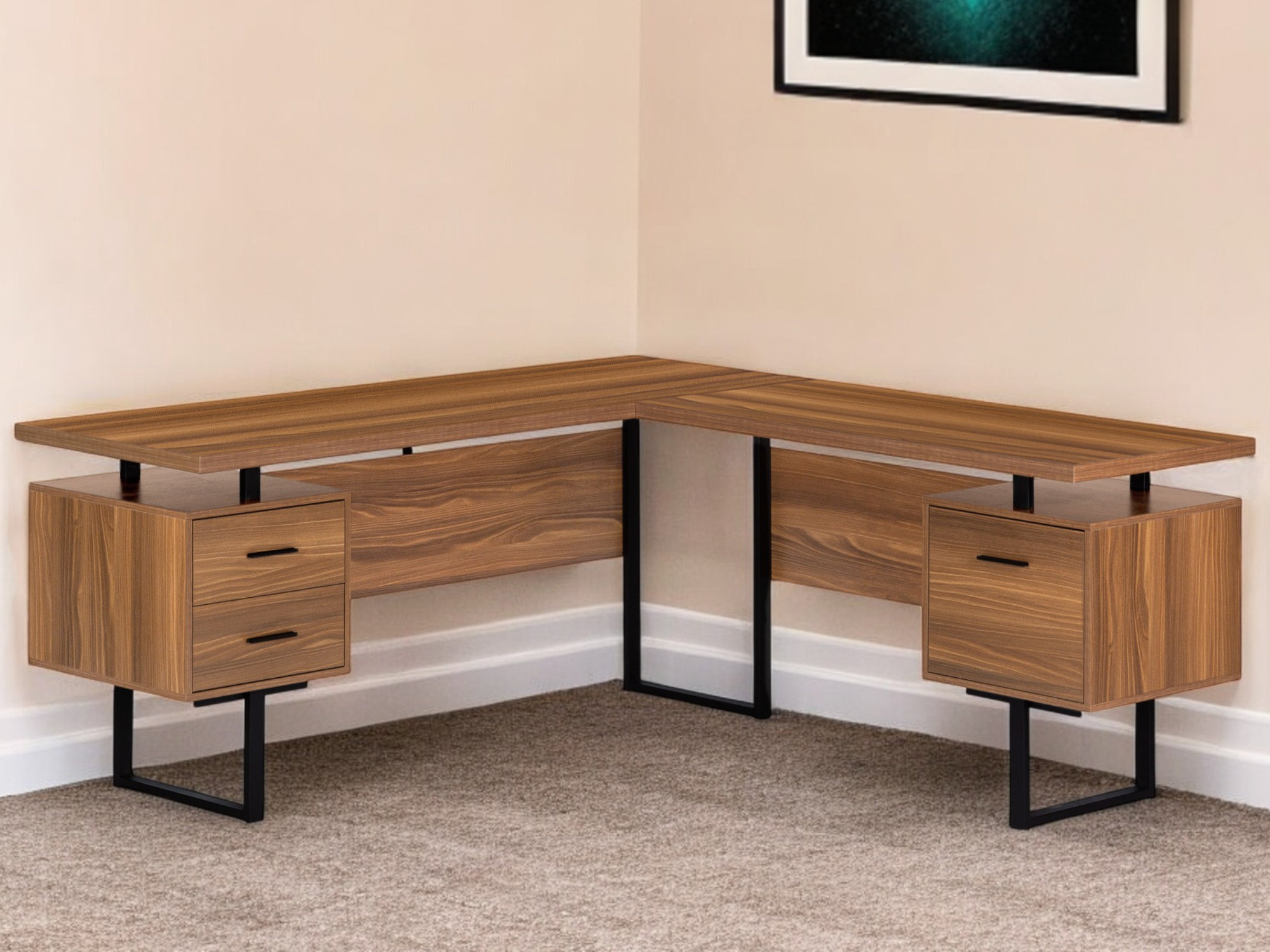 HomeRoots 71" Brown and Black L Shape Computer Desk With Three Drawers ...