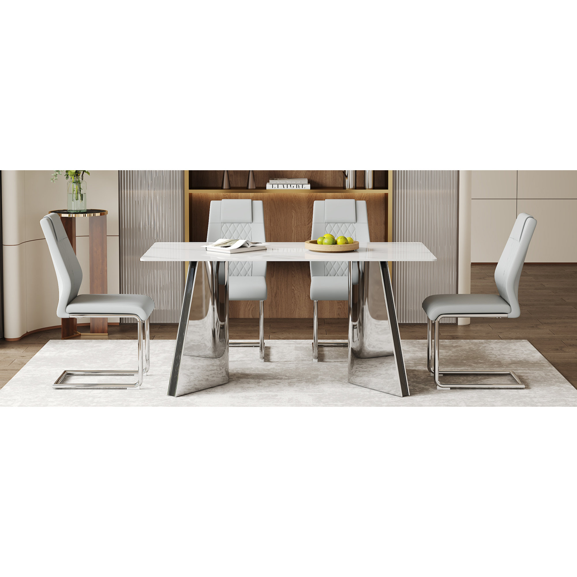 Ivy Bronx Luxurious 63" Snow Mountain Sintered Stone Dining Table Set ...