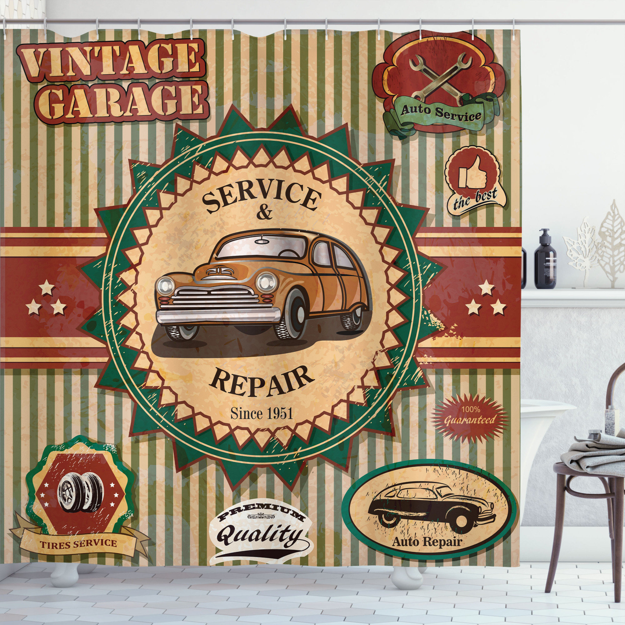 Ambesonne Retro Shower Curtain, Composition Of Vintage Retro Car Emblem ...