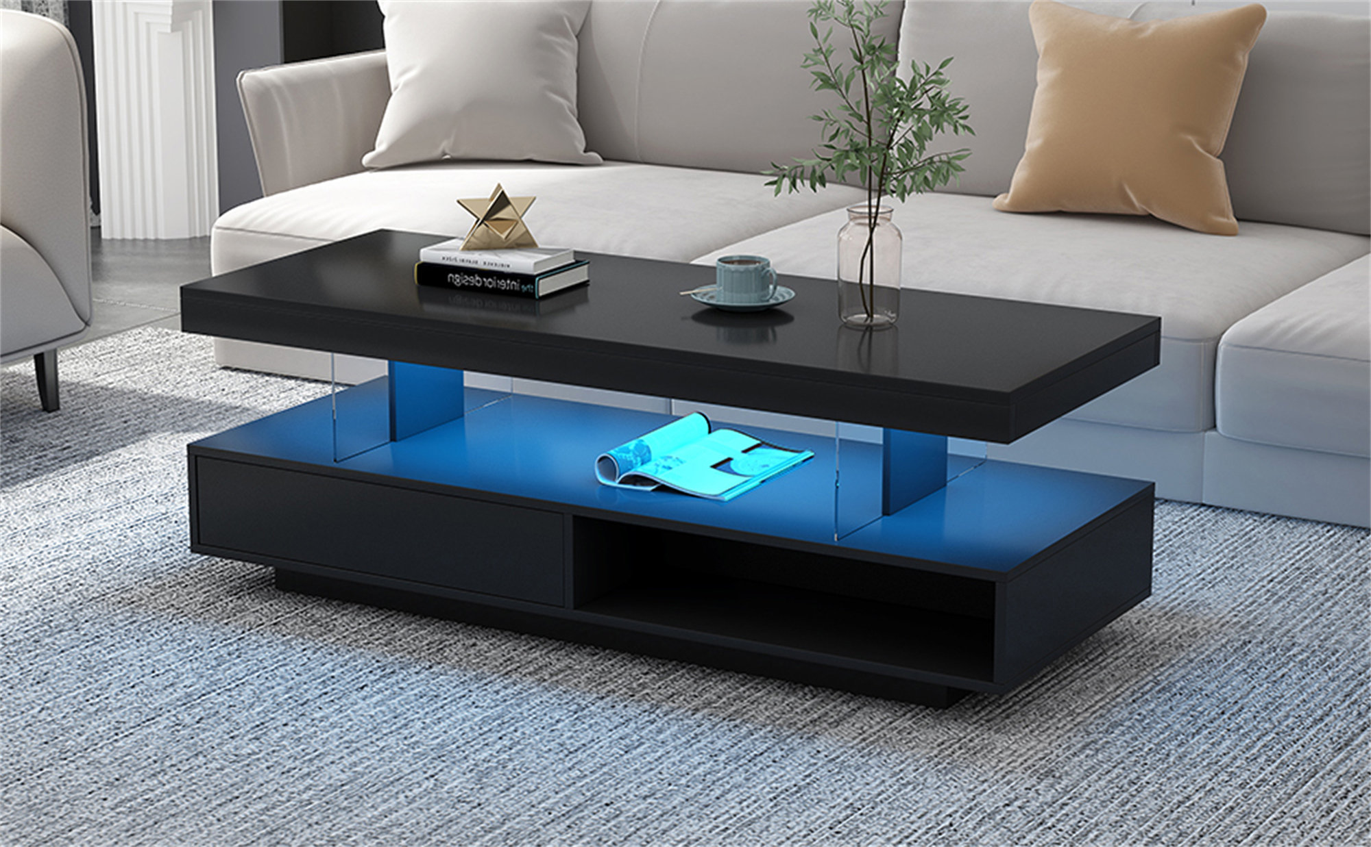 Wrought Studio Modern LED Coffee Table with 2 Drawers and Display ...