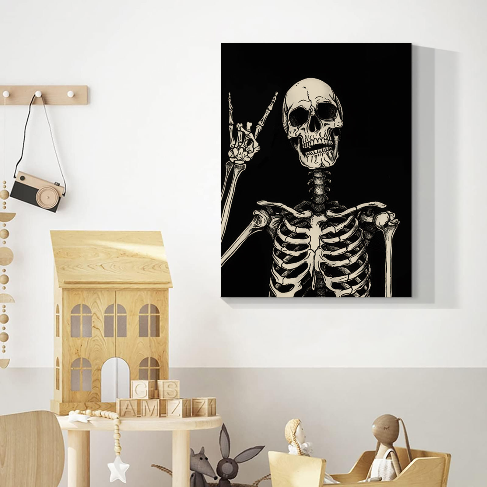 The Holiday Aisle® Wall Art Prints Black White Scary Skeleton Paper Art ...