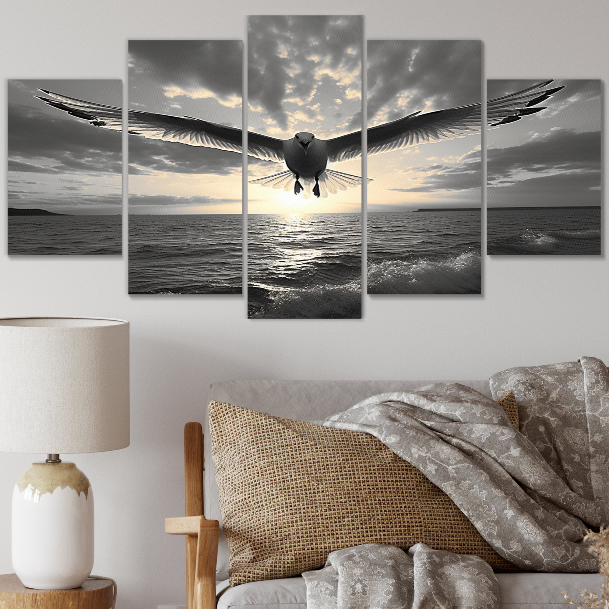 Design Art Grey Beach Seagulls In Flight V - Animals Metal Wall Decor ...