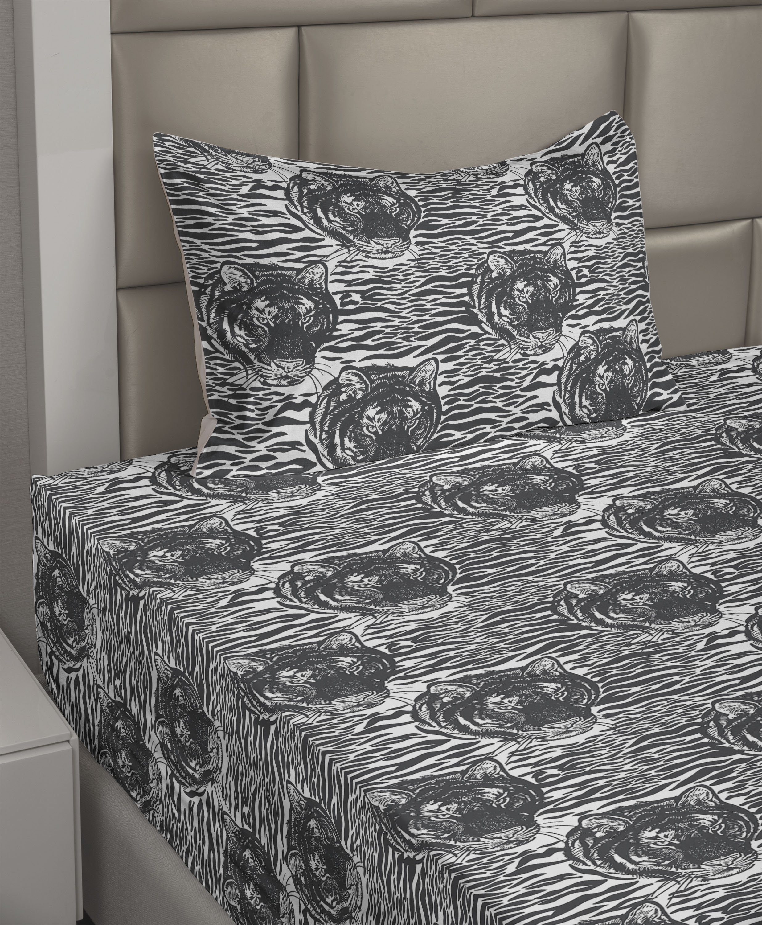 Ambesonne Tiger Sheet Set Wild Big Cat Creature Print Charcoal Grey and ...