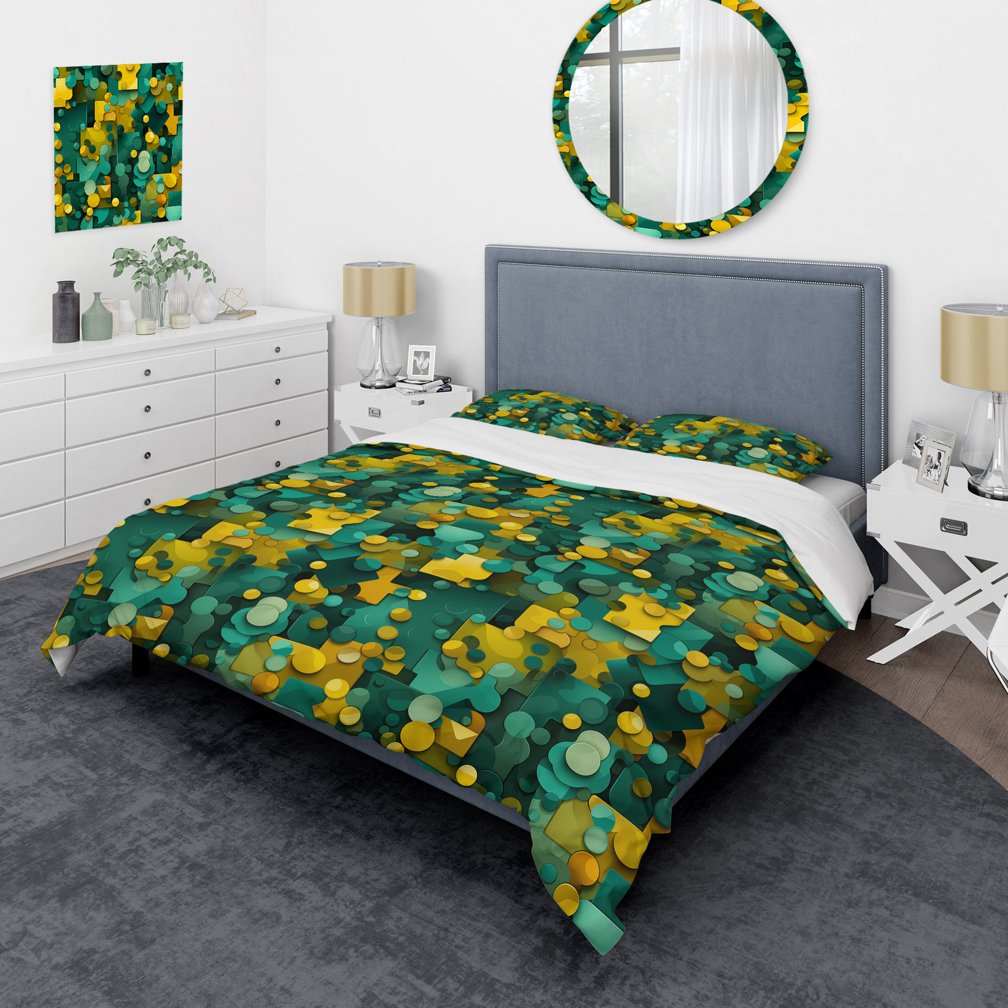 Design Art Popart Green And Yellow Puzzle Play II Duvet Cover Set | Wayfair