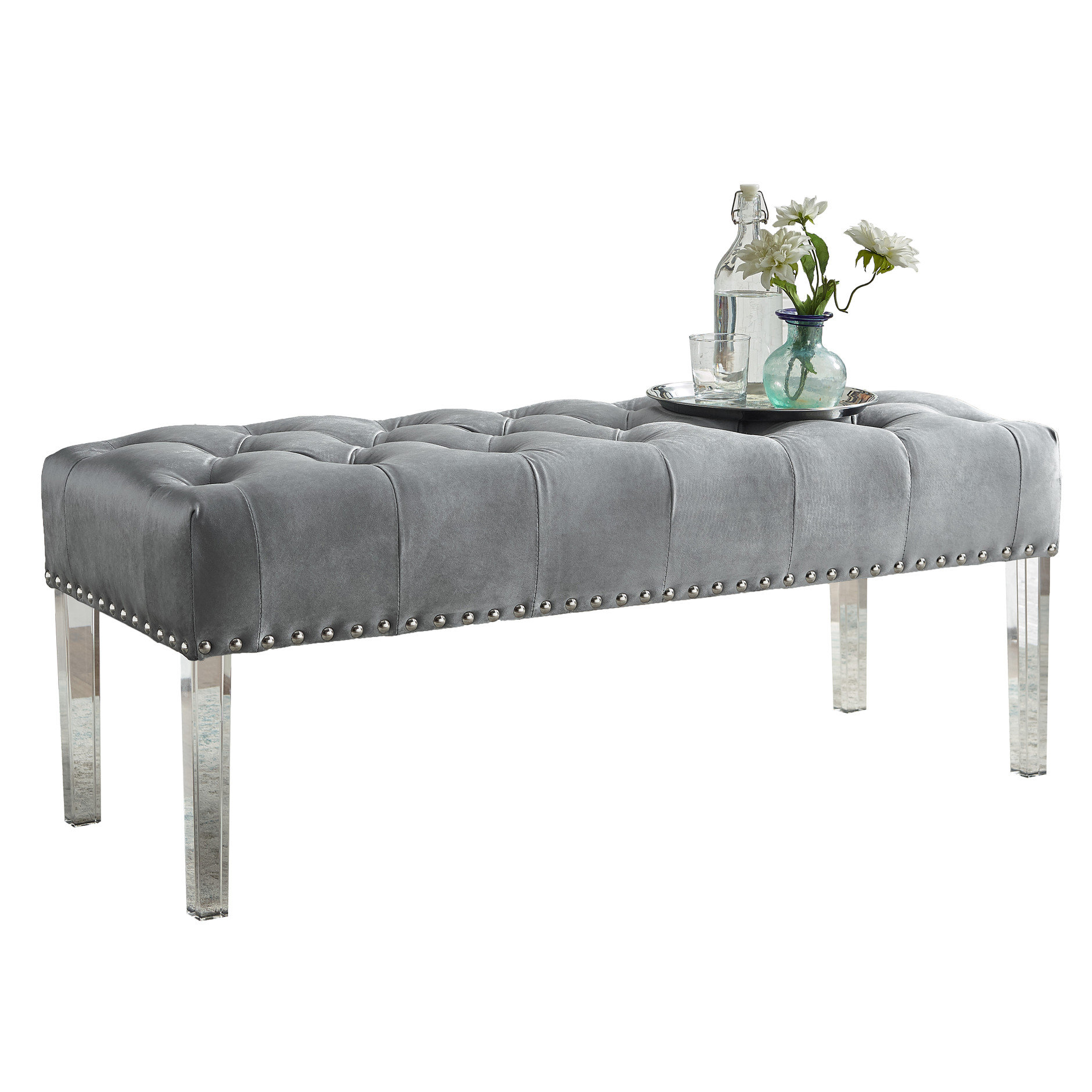 Mercer41 Blue Velvet Upholstered Living Room Footrest With Acrylic Legs ...