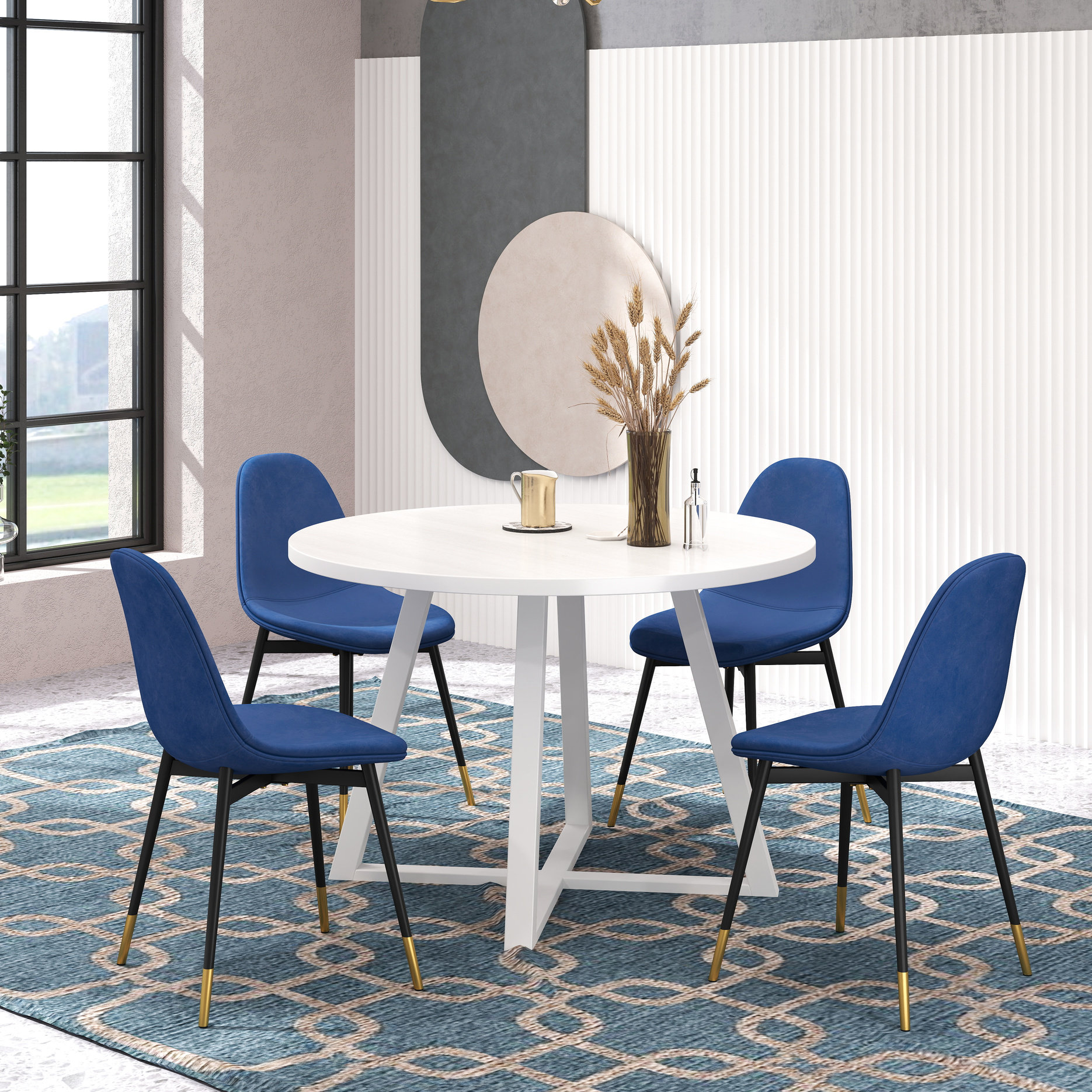 Ivy Bronx 5 Dining - Blue, Round Table With 4 Solid Velvet Chairs Room ...