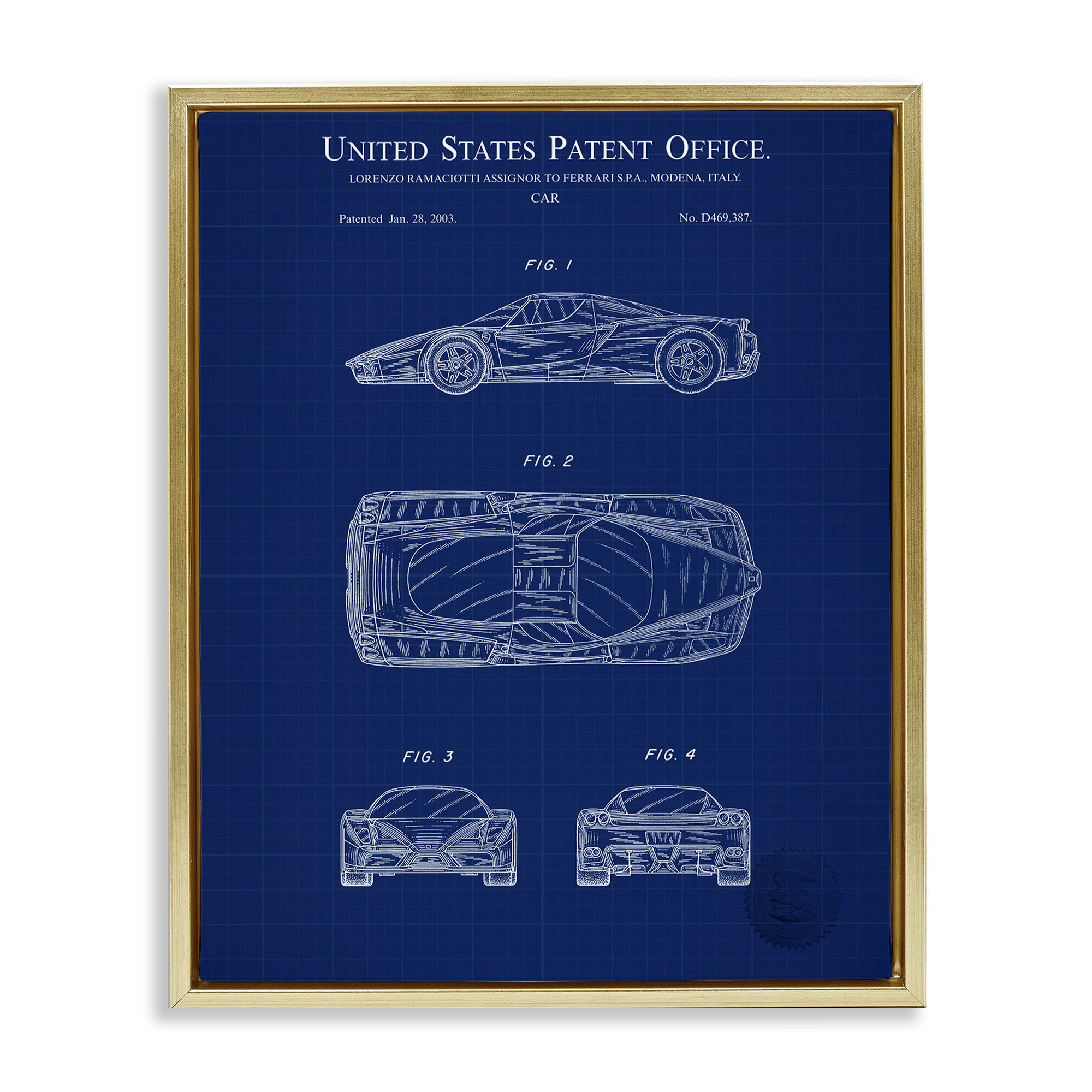 Trinx Detailed Car Blueprint Gold Framed Floater Canvas Wall Art by ...