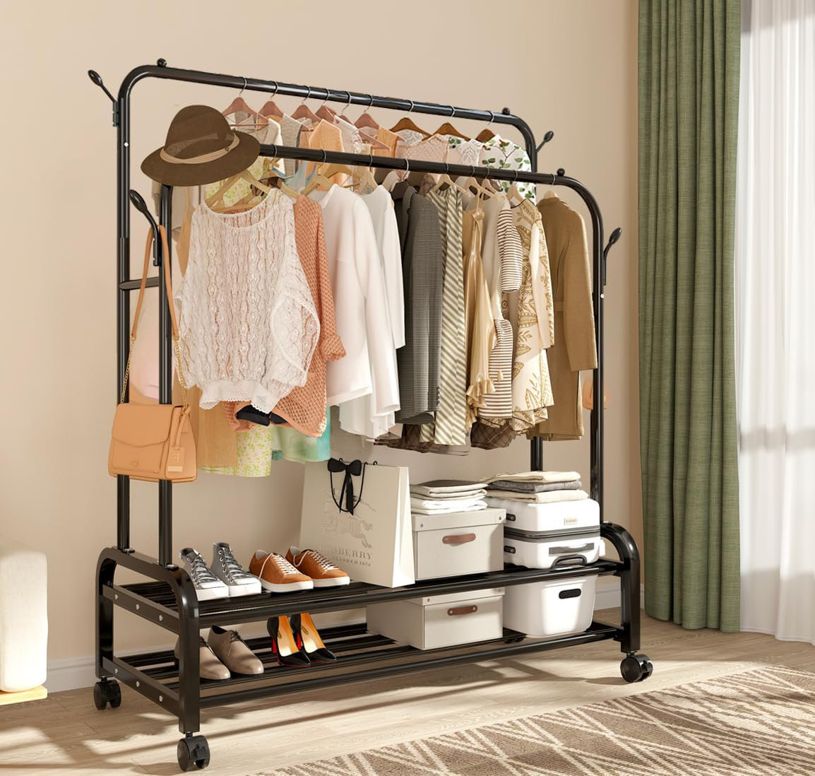 Rebrilliant Sturdy Metal Double Rodding Clothes Rack With Wheels ...