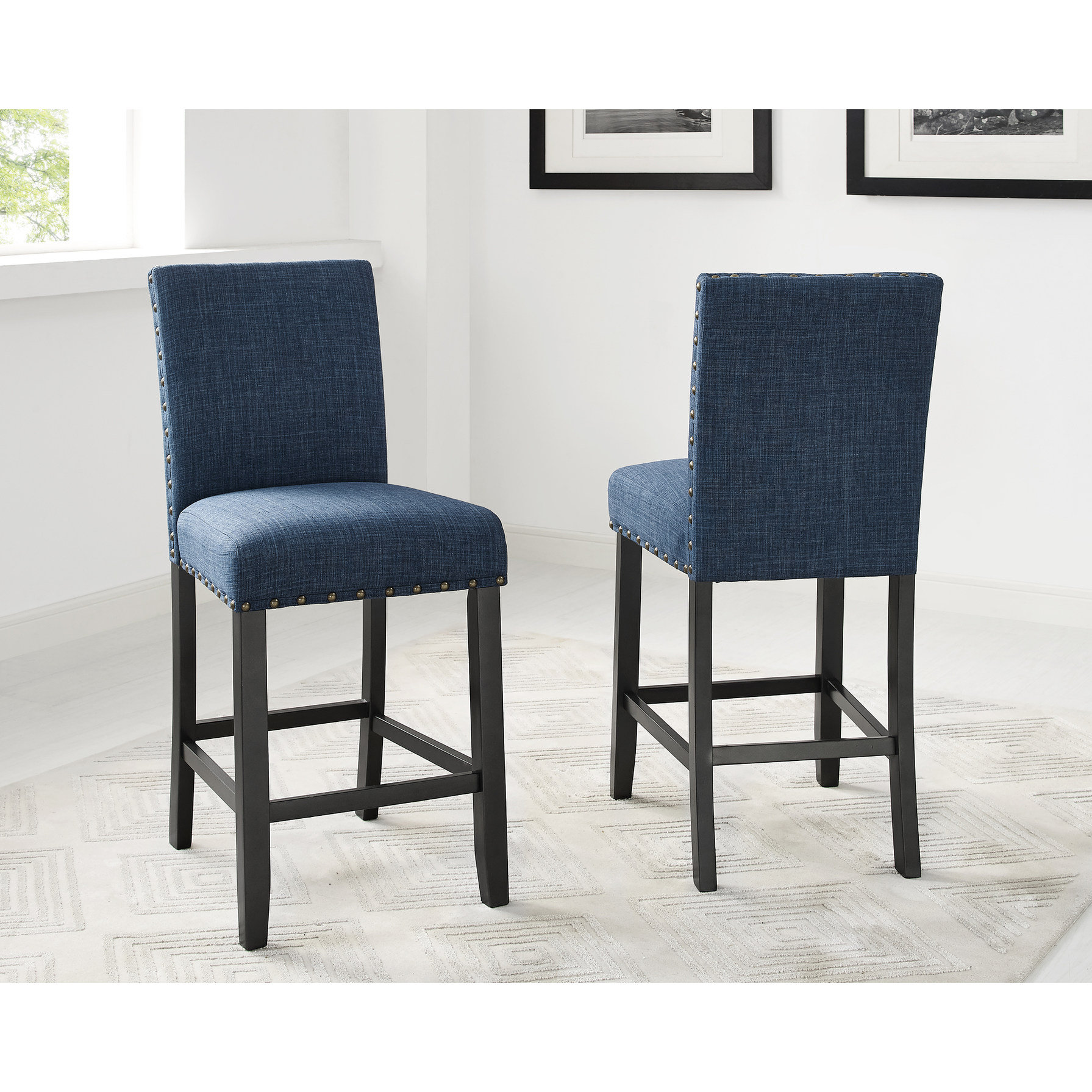 Lark Manor™ 2 Blue Counter Stools. Hardwood Material. Nailhead Trim ...