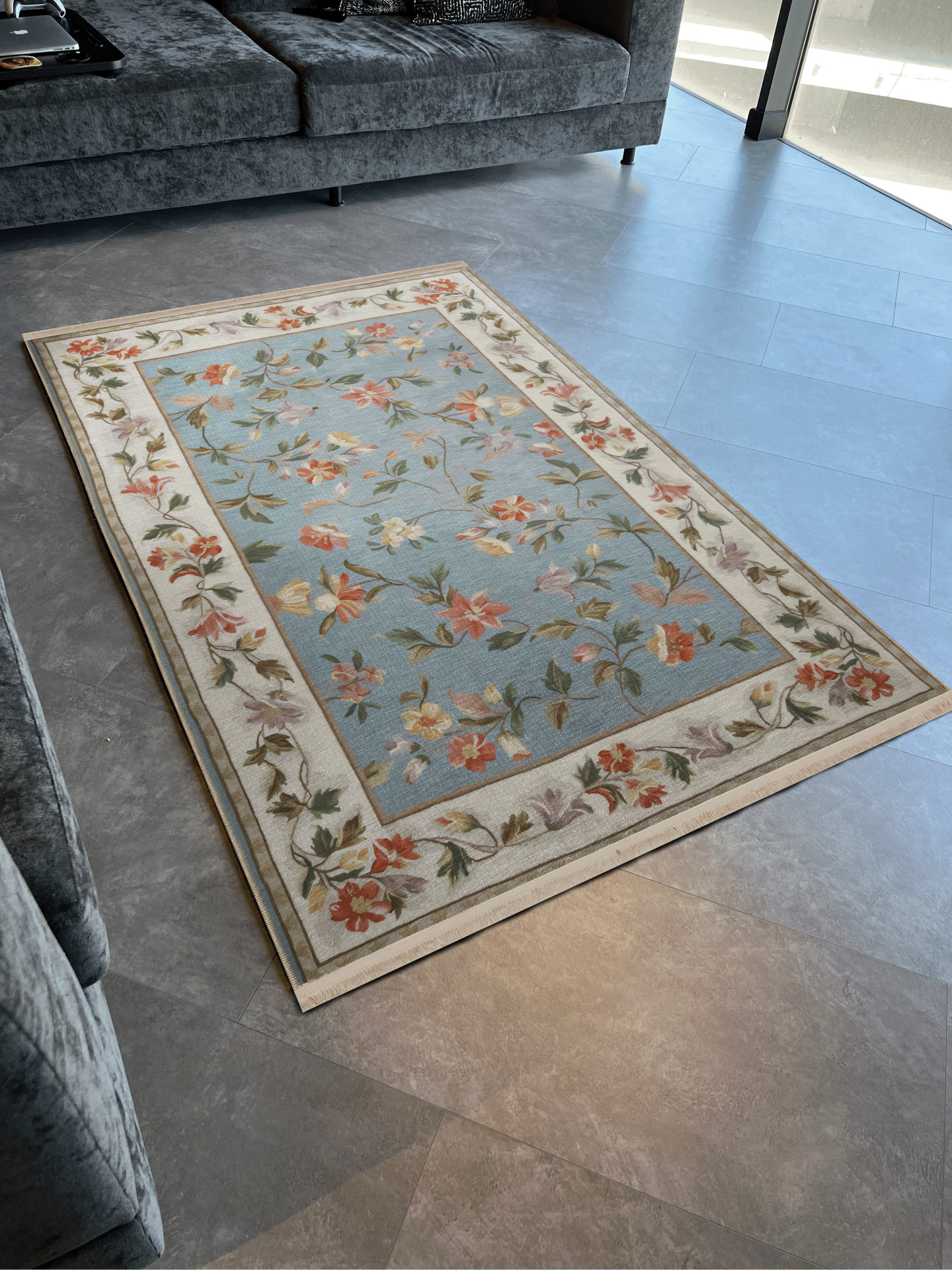 Wildon Home® Beige-Blue Themed Multi-Coloured Floral Rose and Vine ...