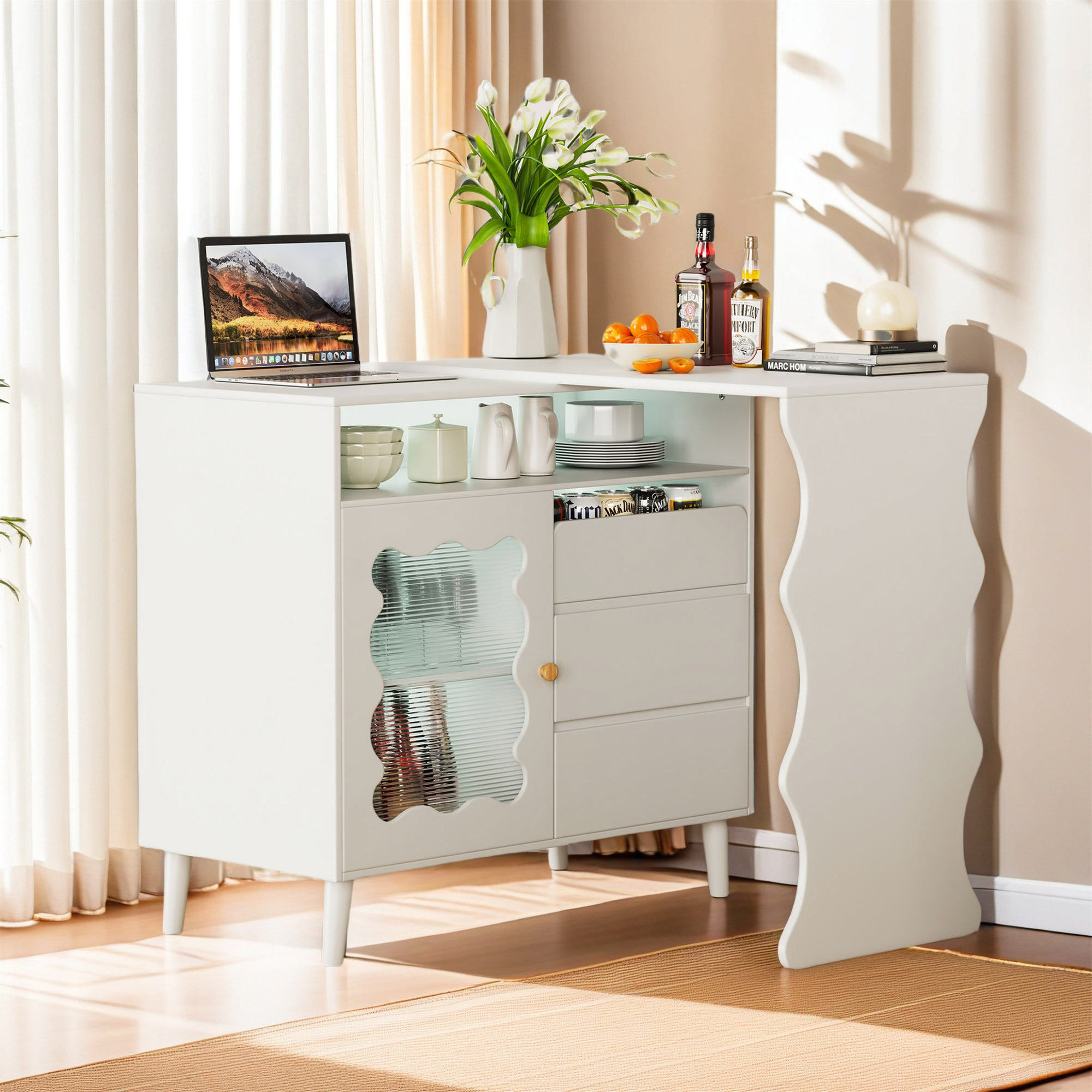 George Oliver Modern Farmhouse LED L-Shaped Sideboard Buffet Cabinet ...