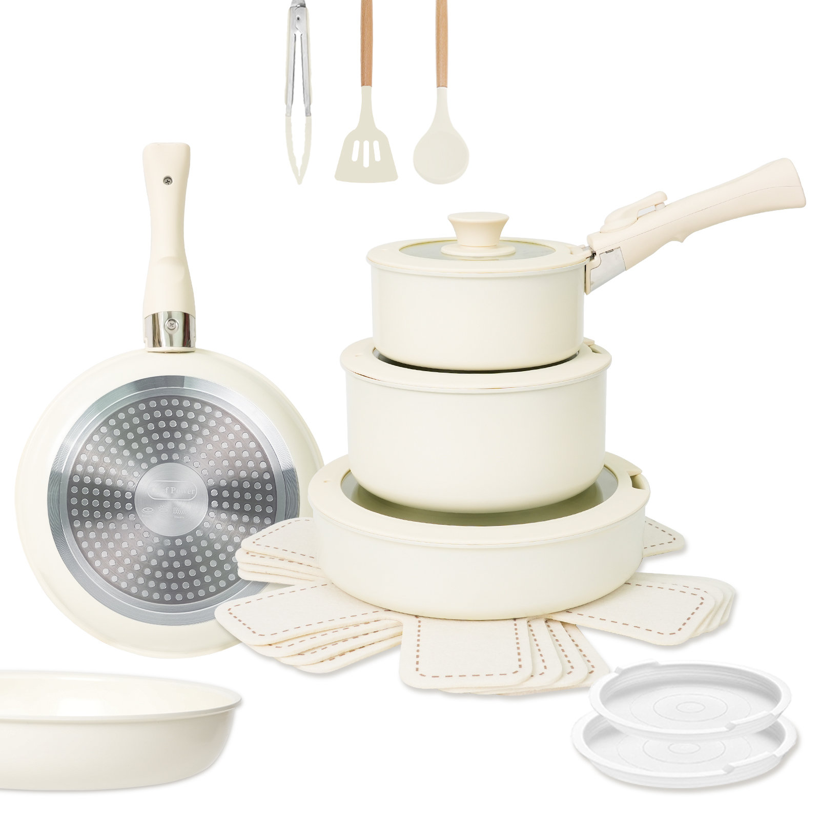 Chef Power 19pcs Cream Cake Ceramic Nonstick Pots and Pans Set, Cookware Sets Detachable Handle ...