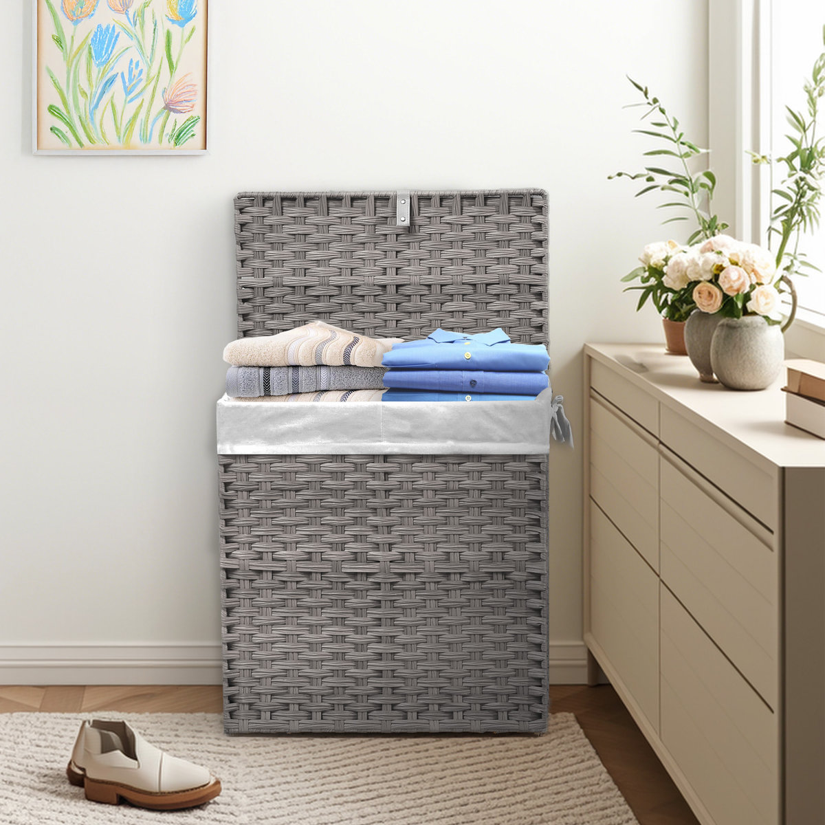 Winston Porter Wicker Laundry Hamper with Lid, 90L/110L Storage ...