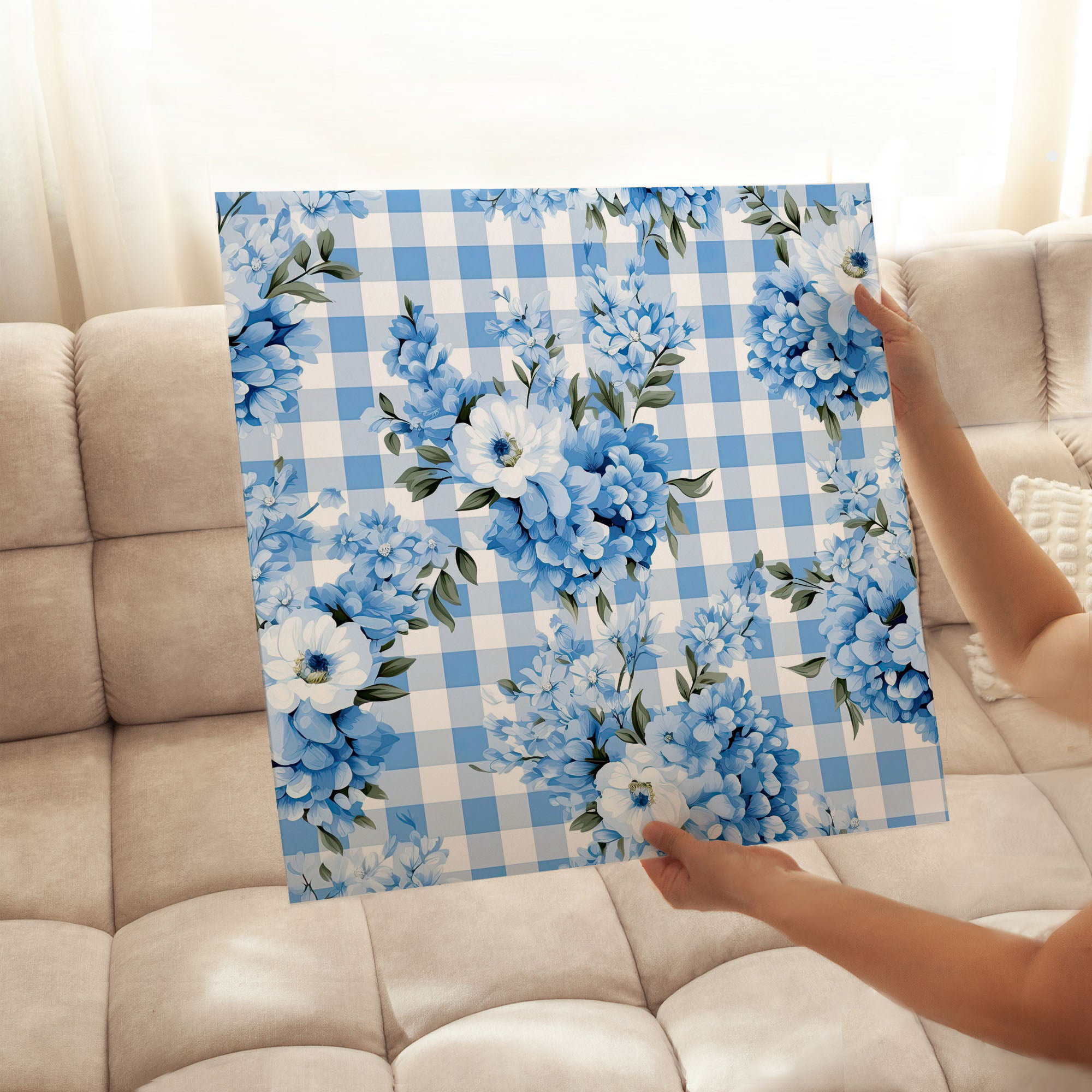 August Grove® Floral Blue Gingham Flowers VI Shabby Chic Unframed Art ...
