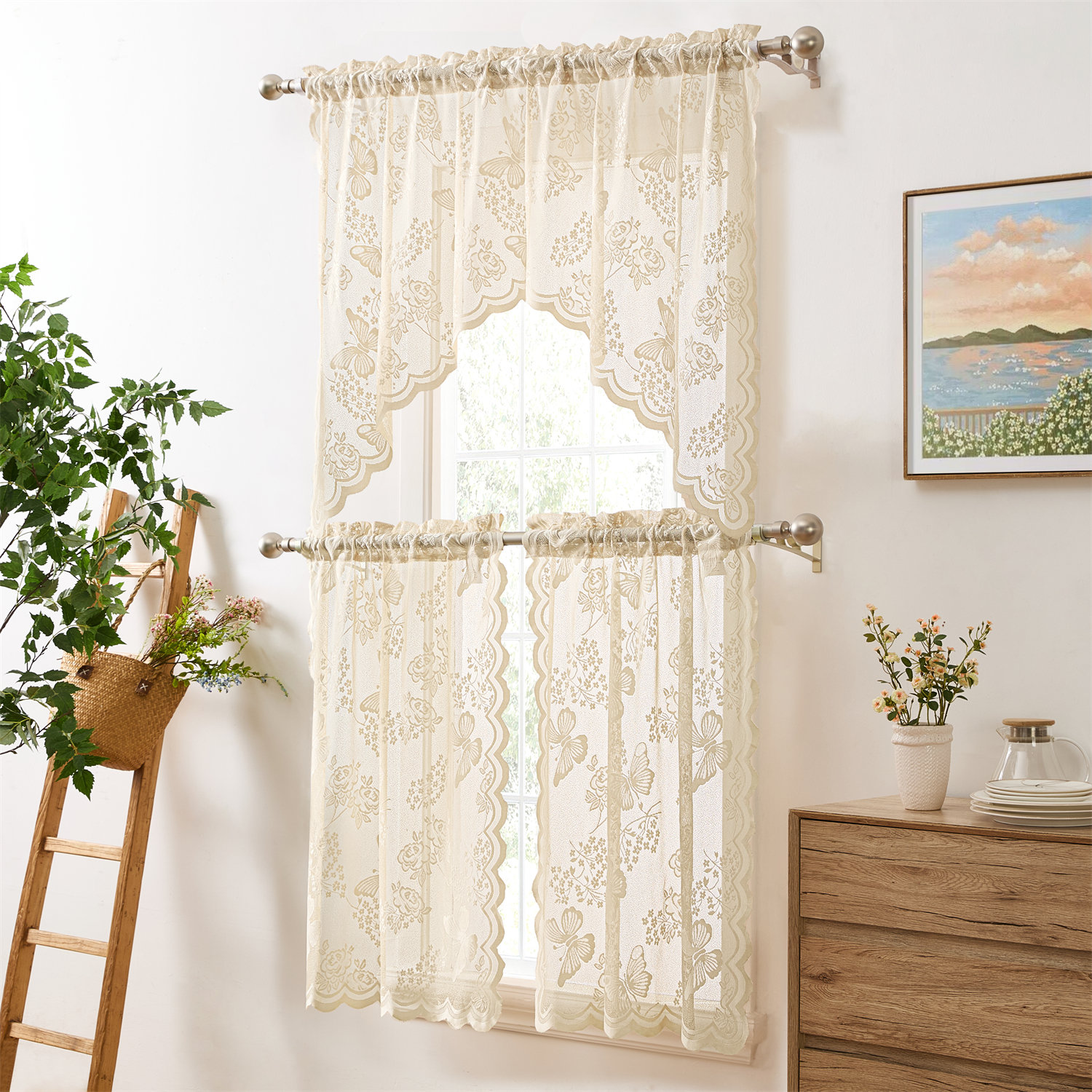 August Grove® Denyelle Floral Lace - Sheer 3 Piece Kitchen Curtains Set ...