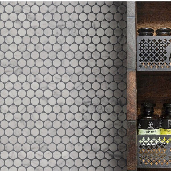 Porpora 12” x 12” Carrara White Penny Round Mosaic Marble Tile Sheets ...